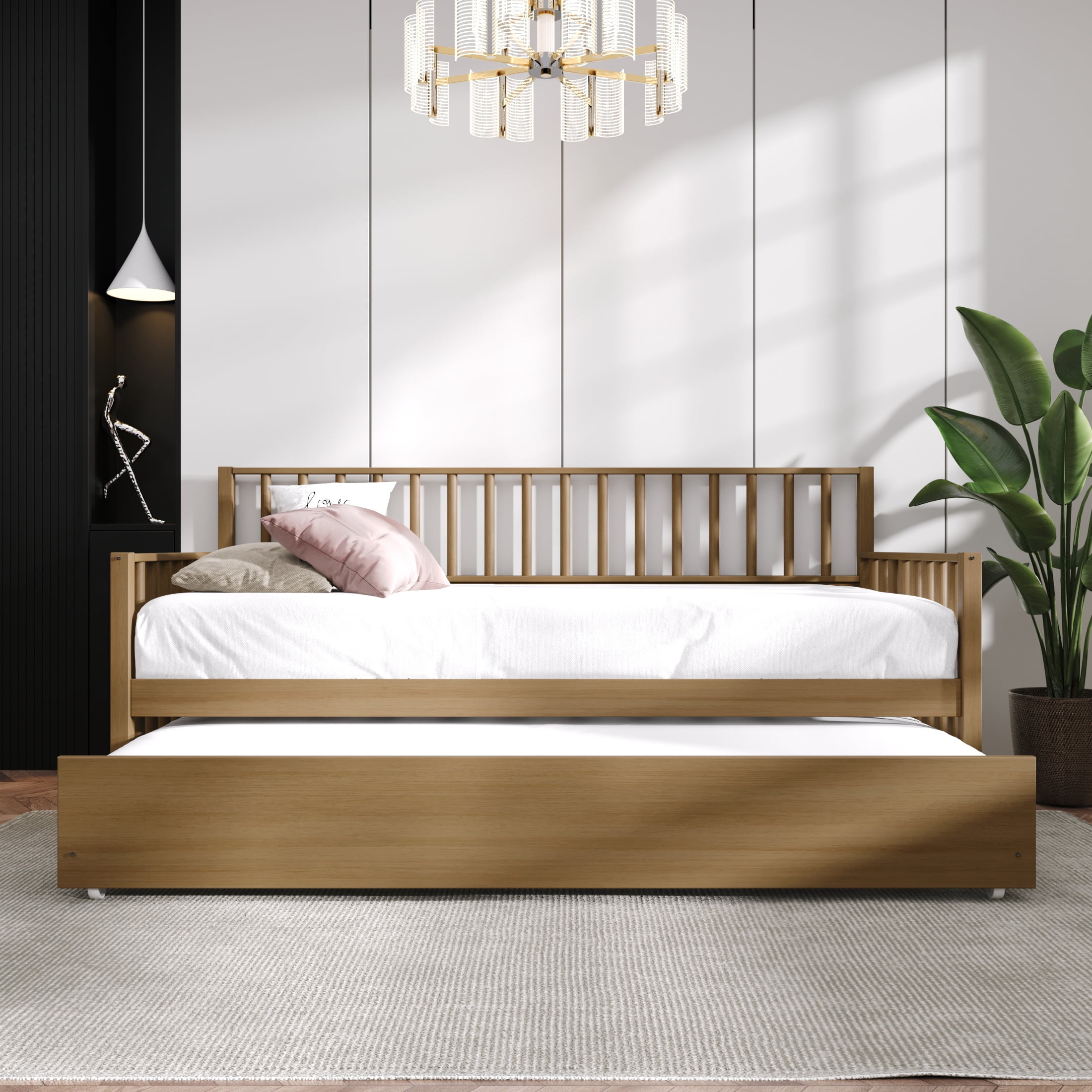 Castle Place Wooden Twin Daybed with Trundle, Light Oak - Walmart.com