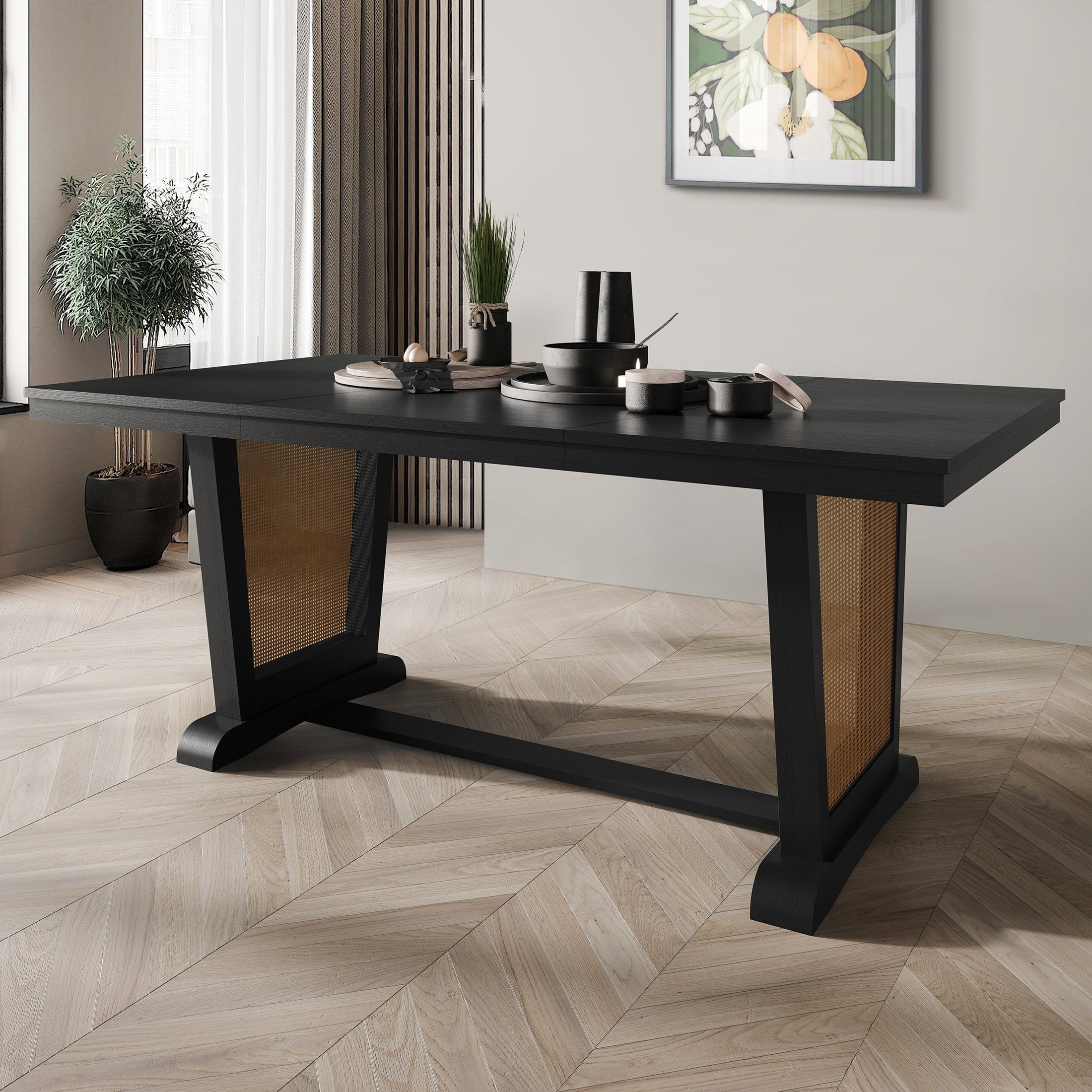 Castle Place Wood and Rattan 66" Rectanglar Wooden Dining Table, Black ...