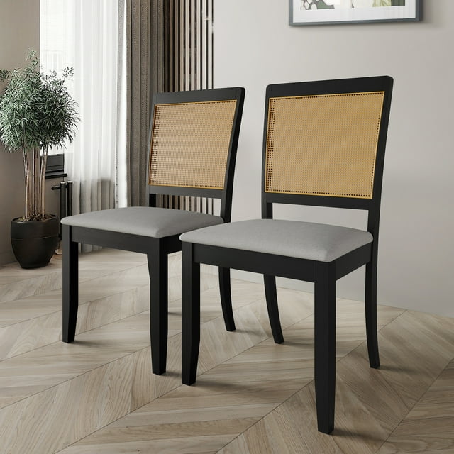CASTLE PLACE Wooden Dining Chairs Set of 2 Black with Cane Backrest and ...