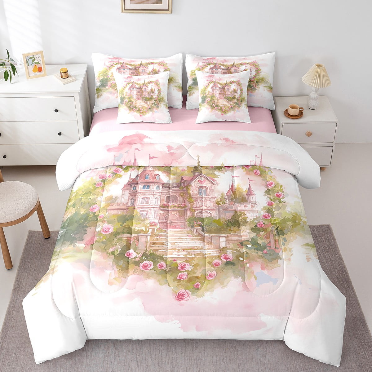 Castle Print Bedding 7 Pcs Pink Castle Decor Bed in a Bag Romantic ...