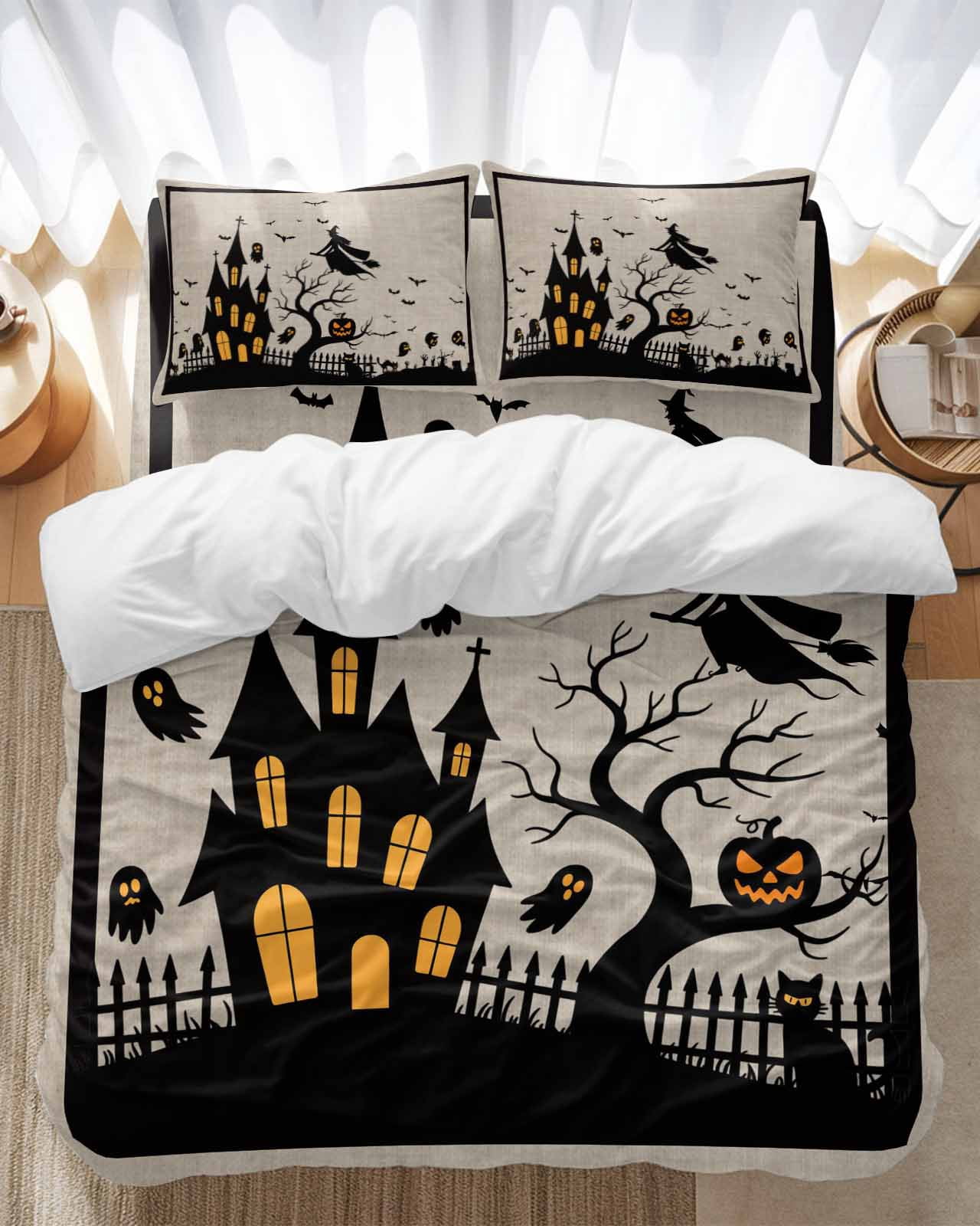 Castle Pumpkin Ghost Witch Bedding Duvet Cover Set King Size 4 Pieces ...