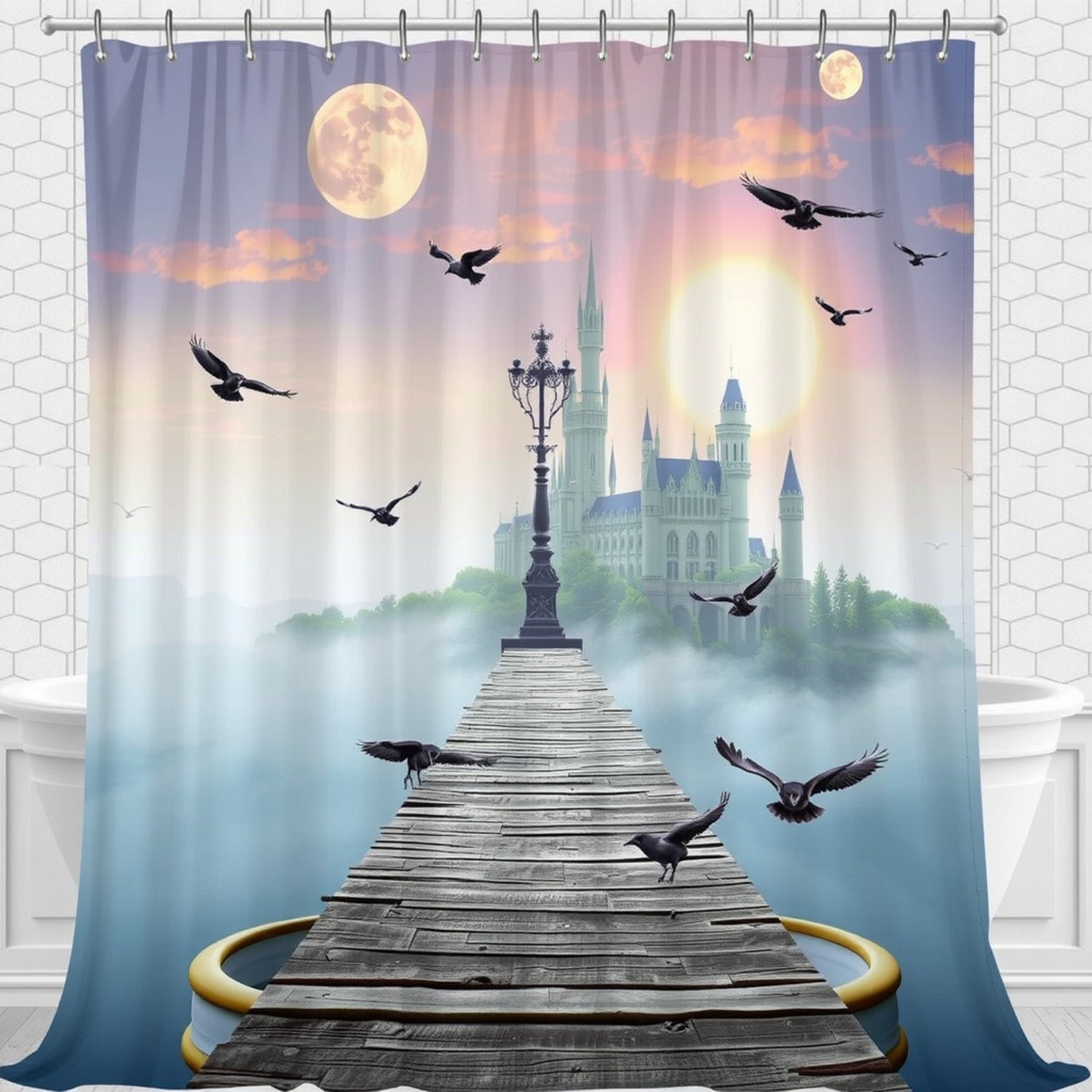 Castle Shower Curtain - Mystical Design with Crows and Colorful Sky for ...