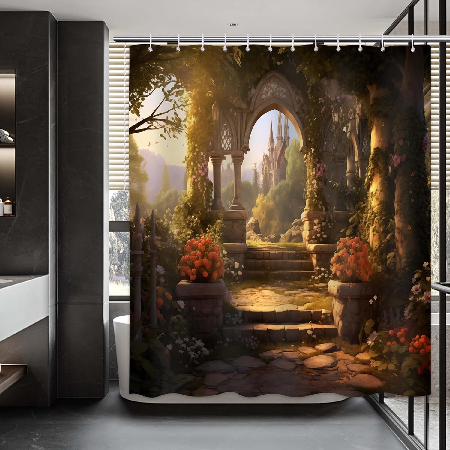 Castle Shower Curtain Retro Mid Century Castle Forest Shower Curtain ...