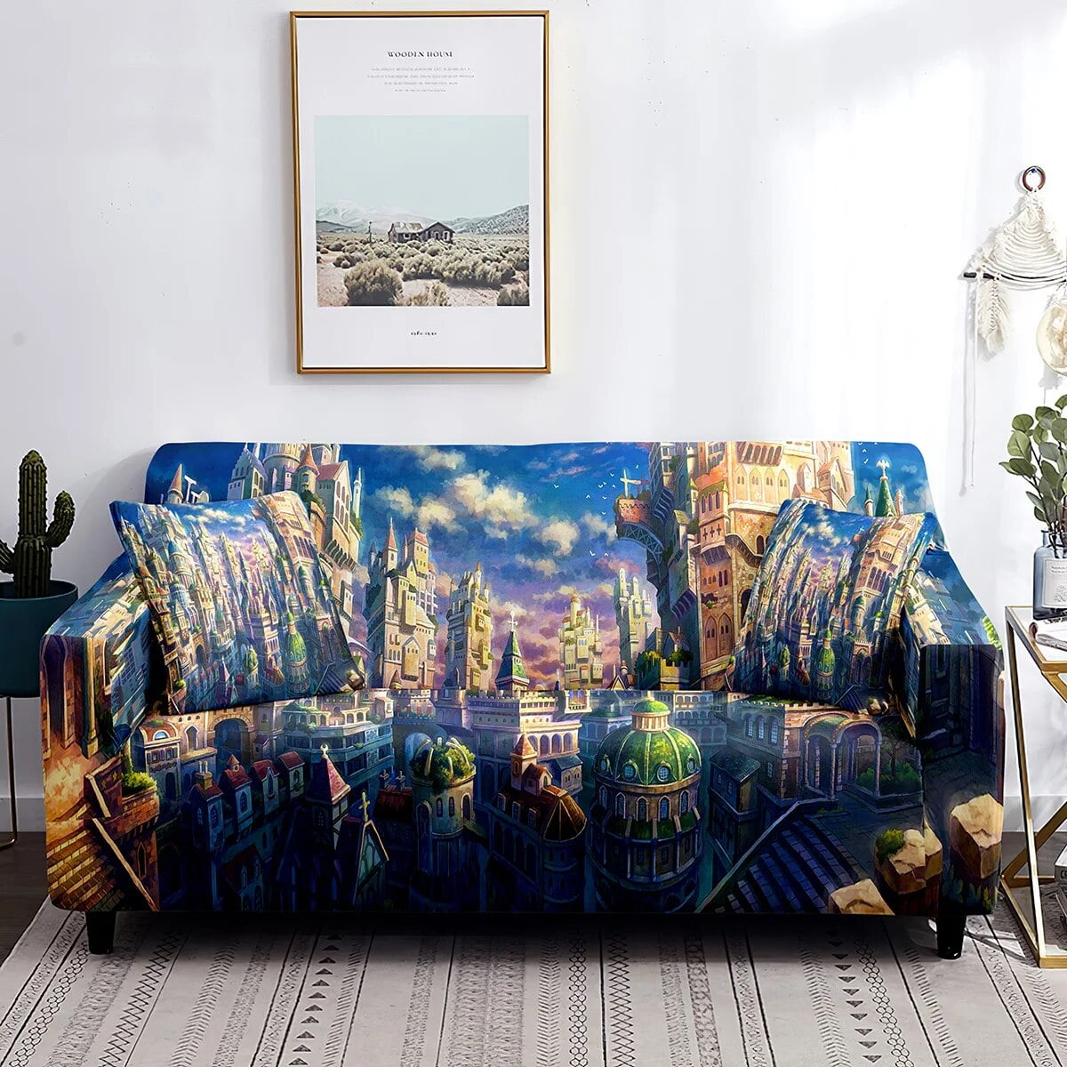 Castle Sofa Cover Fantasy Scene Purple Palace Pattern Washable Polyester Non Slip All-Wrapped ...