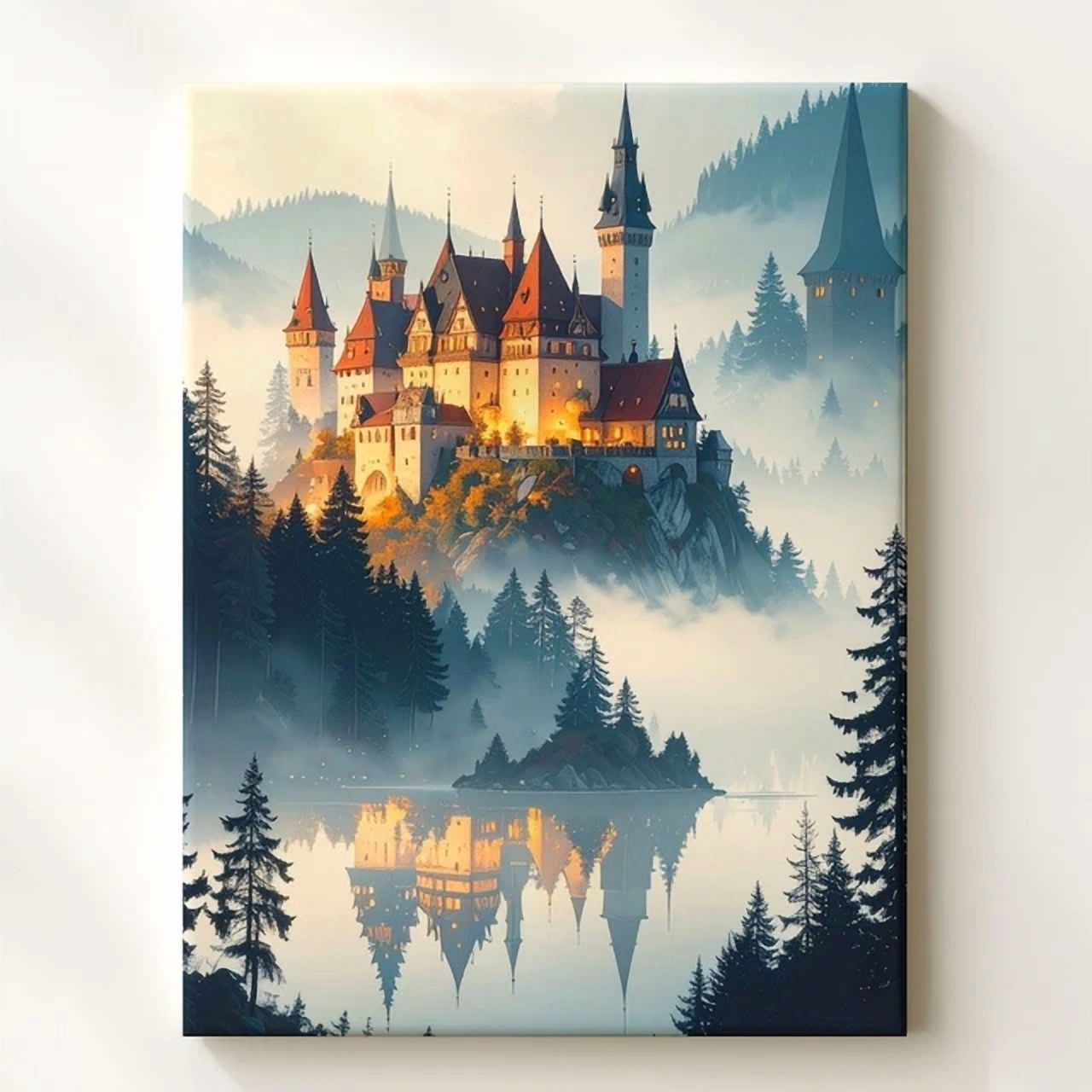 Castle Village On A Hill Posterserene Reflection In Calm Lake Wall Art ...