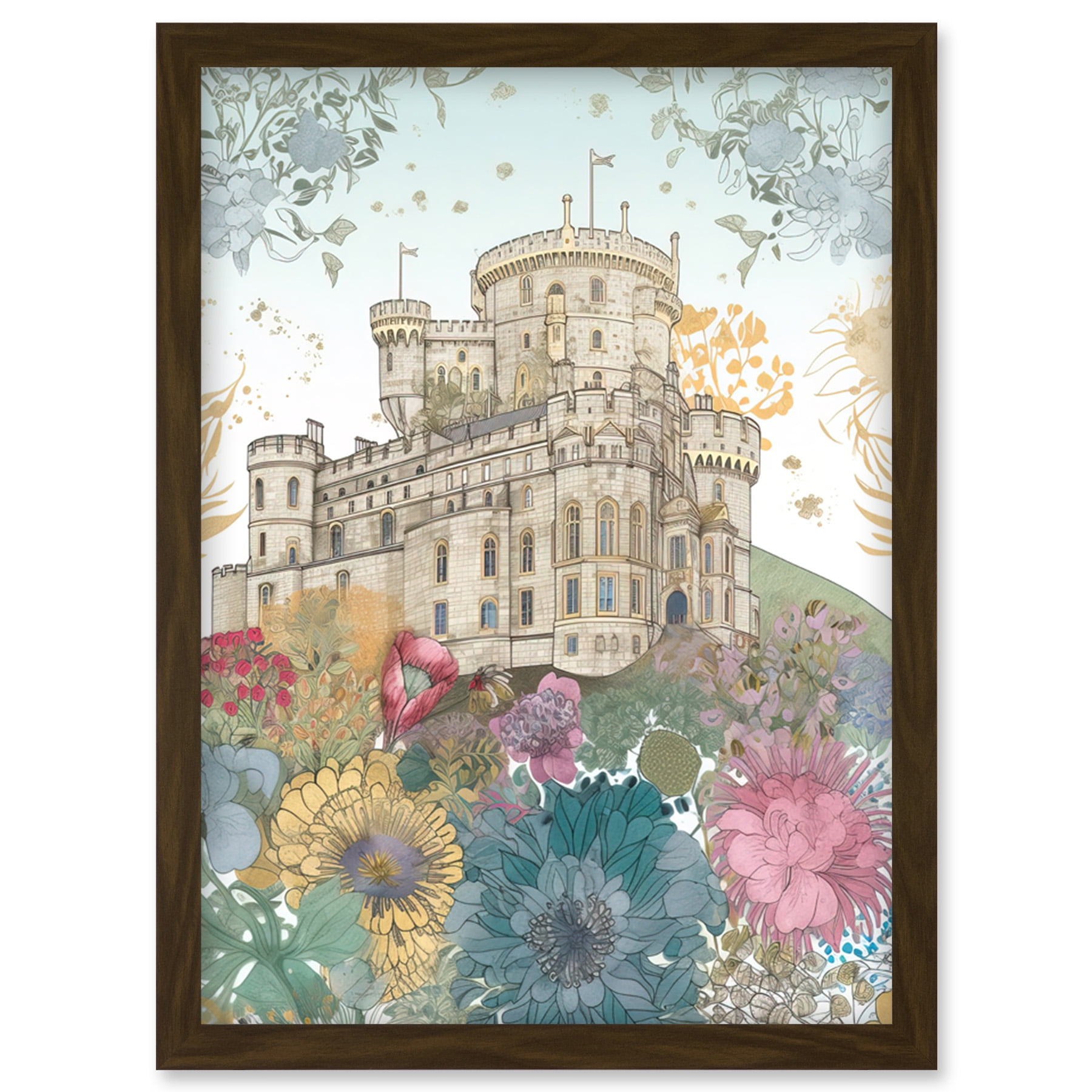 Castle over Blooming Flower Meadow Modern Pastel Colour Linocut Art ...