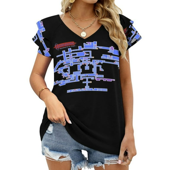 Castlevania Map Ruffle Short Sleeve T-Shirt V Neck Shirts Pattern Cute ...