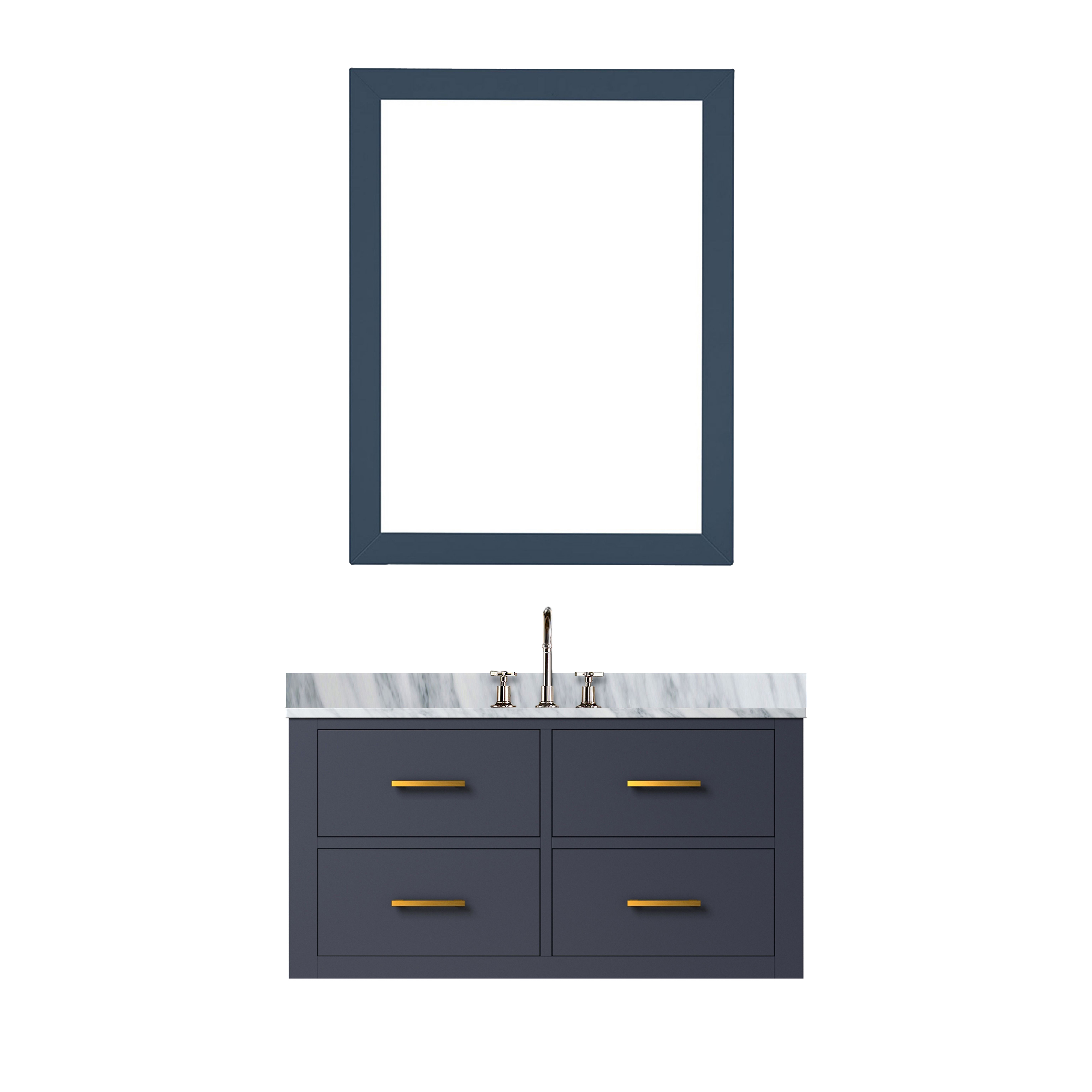 Castor 36 in W Blue Single Bath Vanity Carrara Marble Top, 34 in Mirror ...