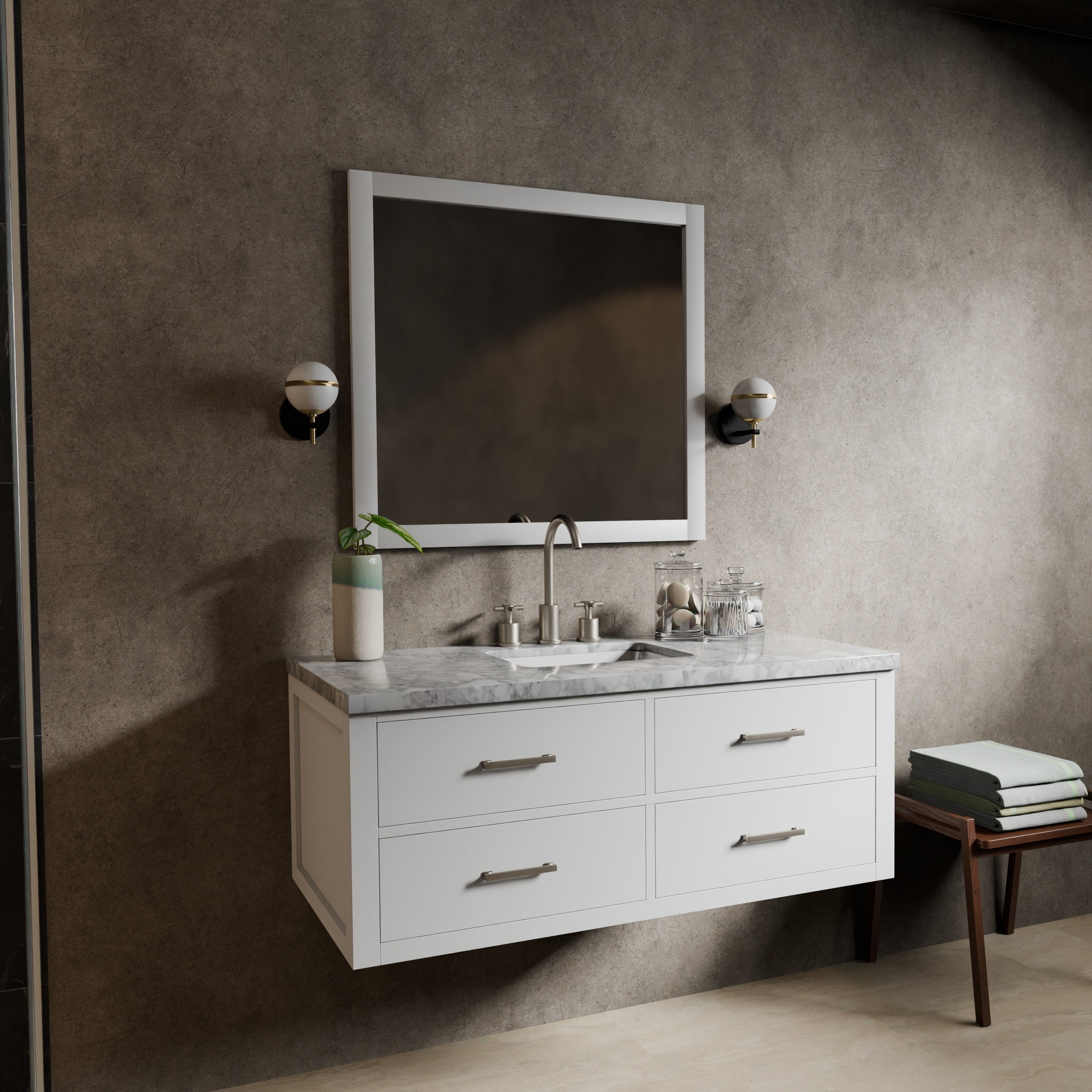 Castor 48 in W White Single Bath Vanity Carrara Marble Top, 43 in ...