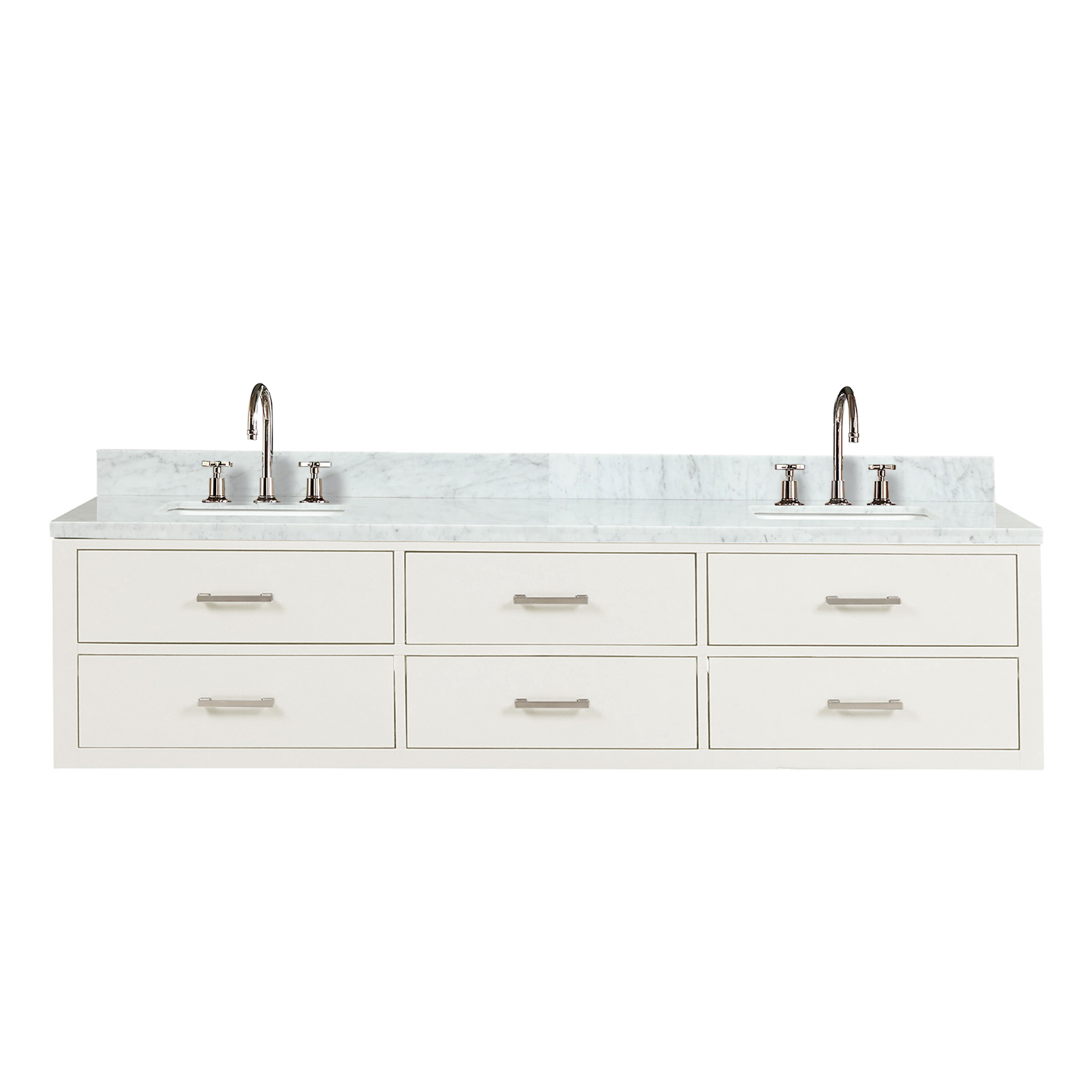 Castor 80 in W White Double Bath Vanity, Carrara Marble Top, and Faucet ...