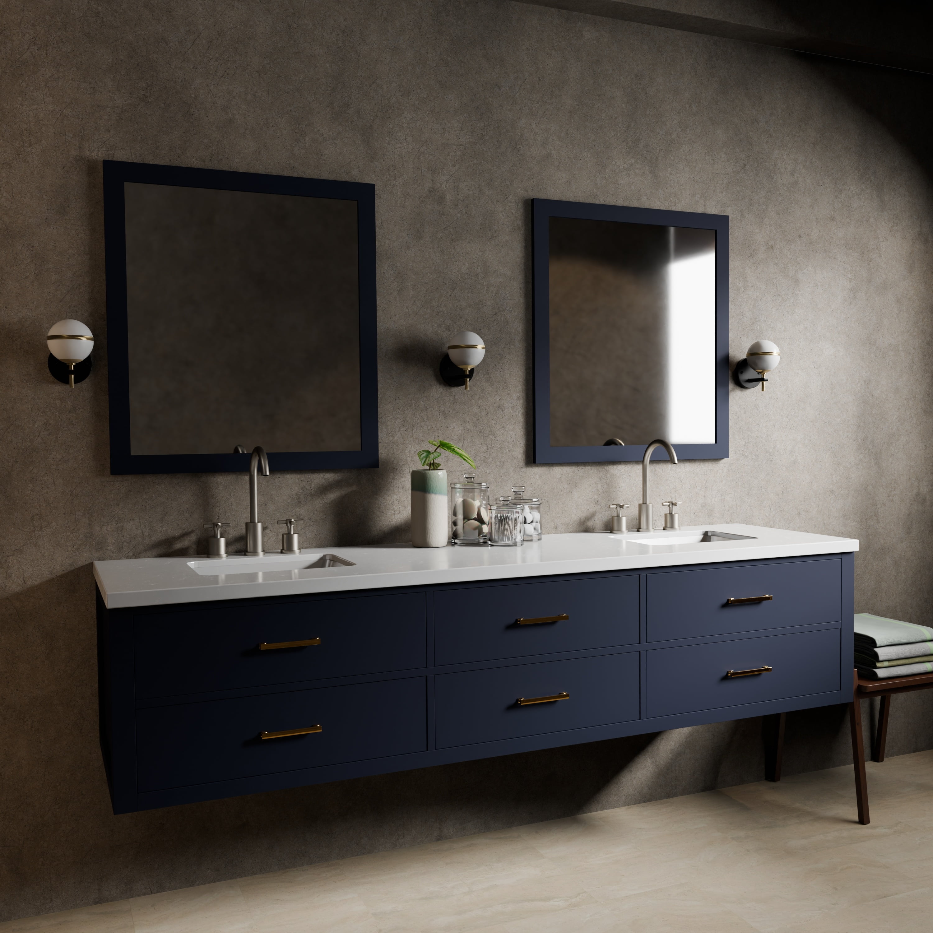 Castor 84 in W Blue Double Bath Vanity, White Quartz Top, Faucet Set ...