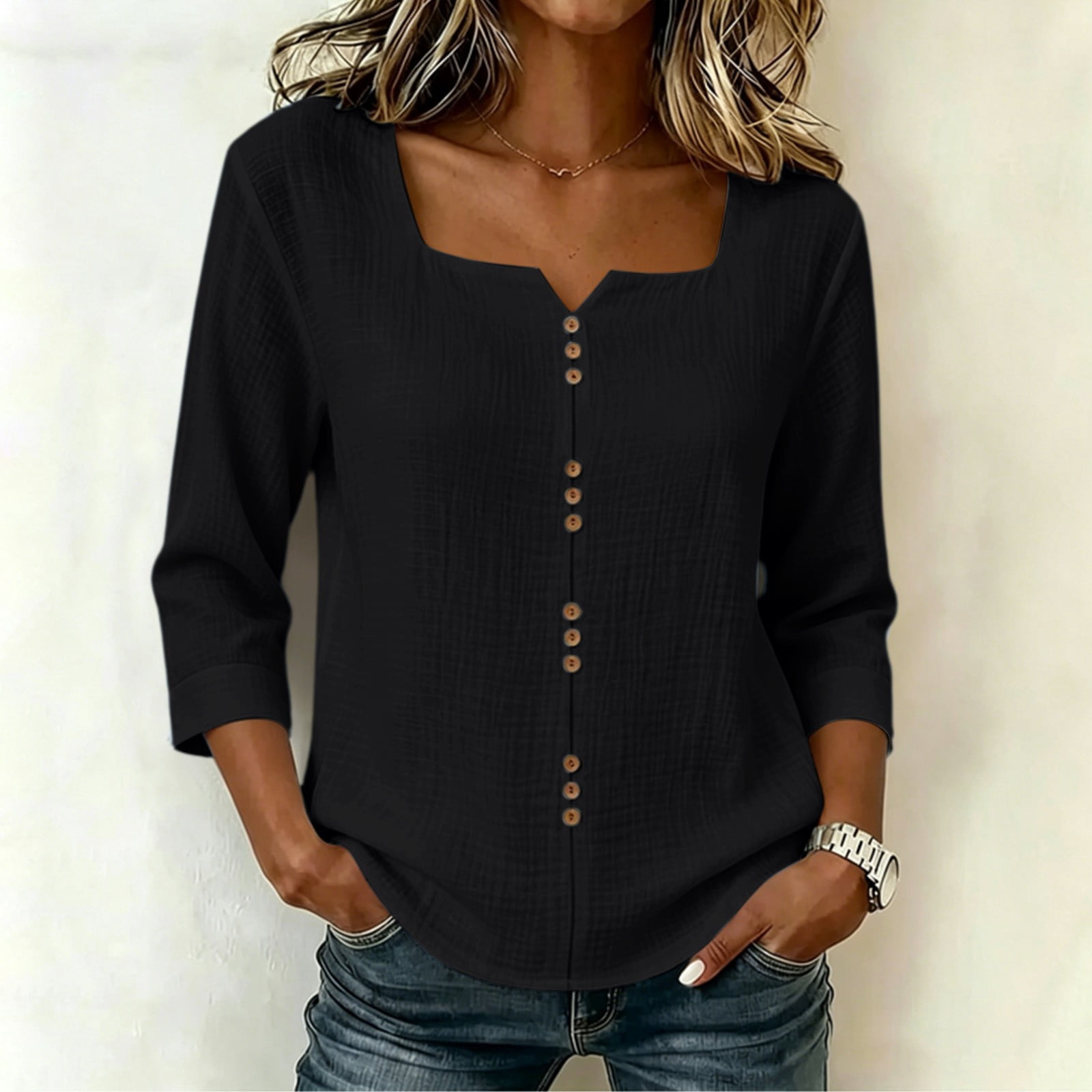 Casual 3/4 Sleeve Button Down Cotton Linen Shirts 2026 Summer Vacation ...