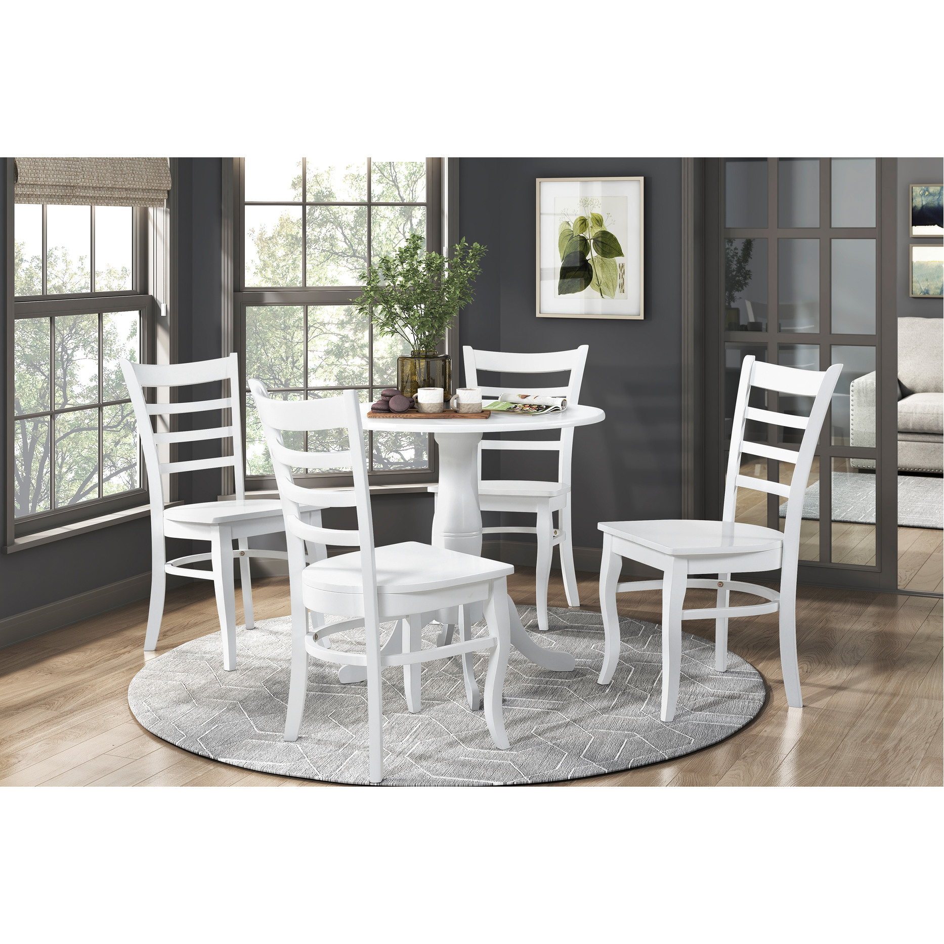 Casual 5pc Dining In White - Round Table & 4 -back Seating Chairs ...