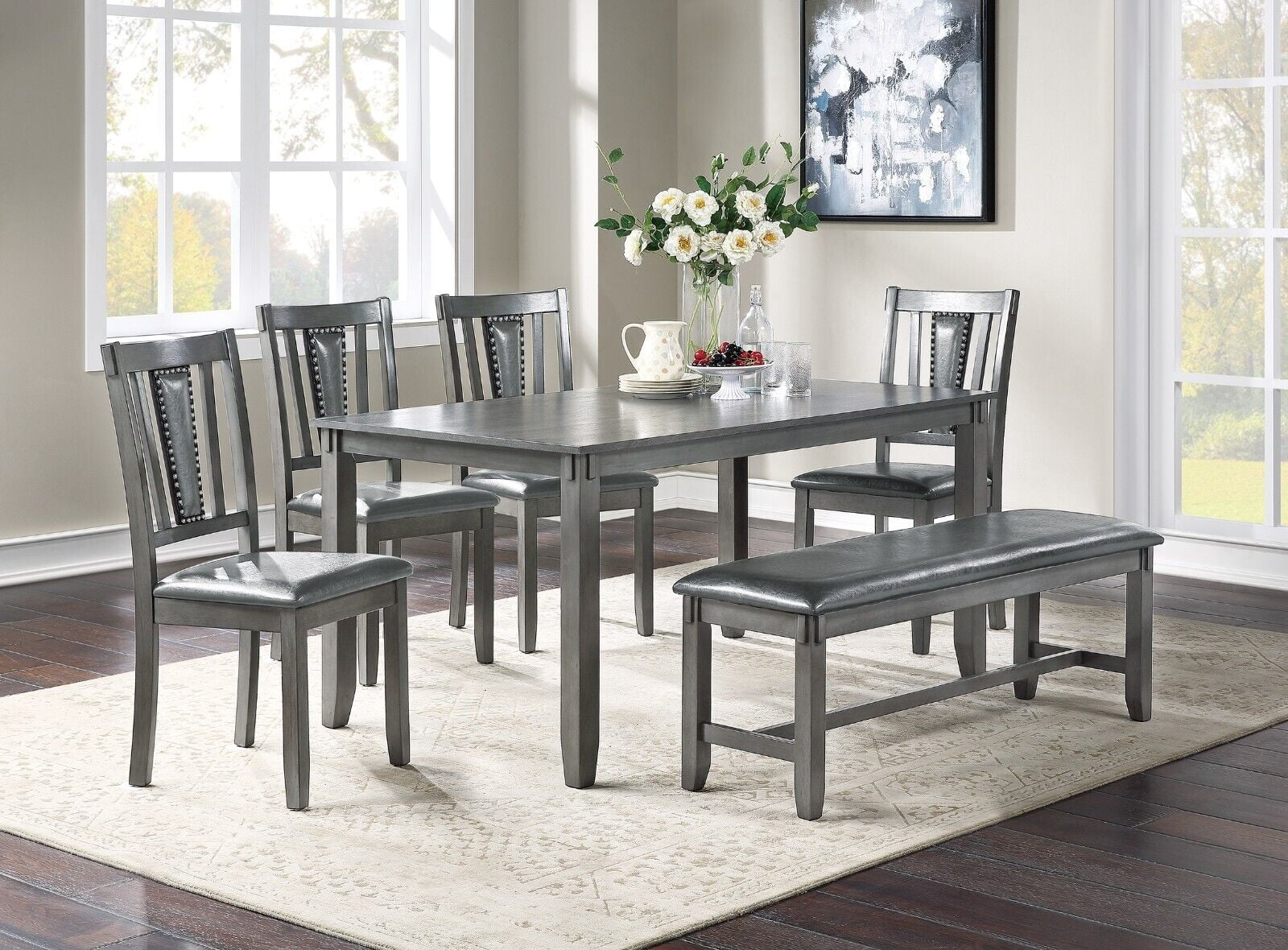 Casual 6pc Dining Set Grey Finish Dining Table 4x Side Chairs And Bench ...