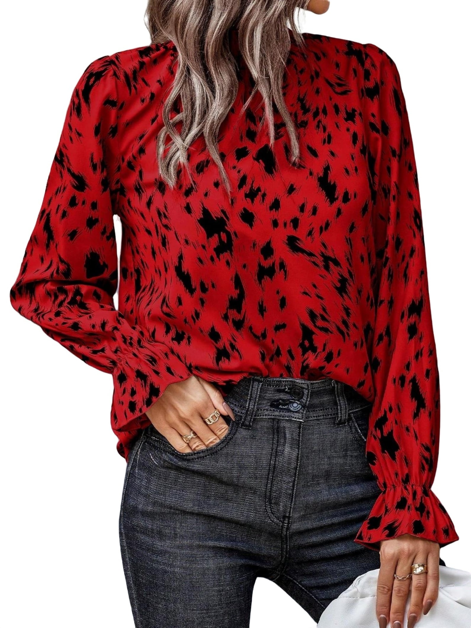 Casual All Over Print Top Stand Collar Red Long Sleeve Women's Blouses ...