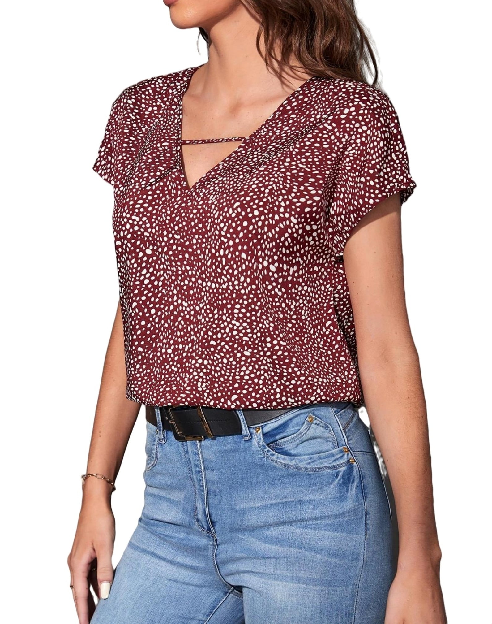Casual All Over Print V neck Top Short Sleeve Maroon Women Blouses ...