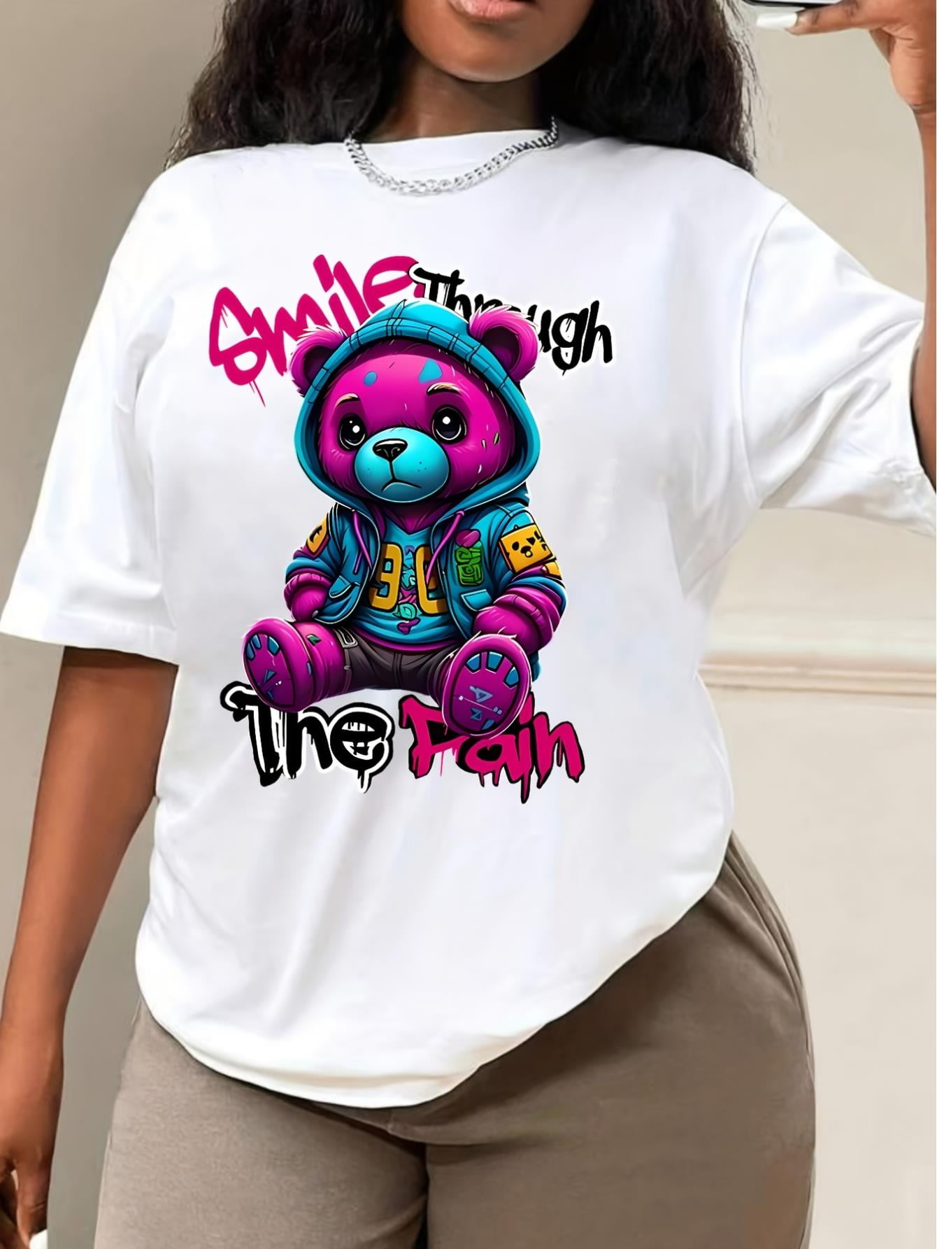 Casual Anime Bear Print T-Shirt Women's Summer Crew Neck Top, Blend ...