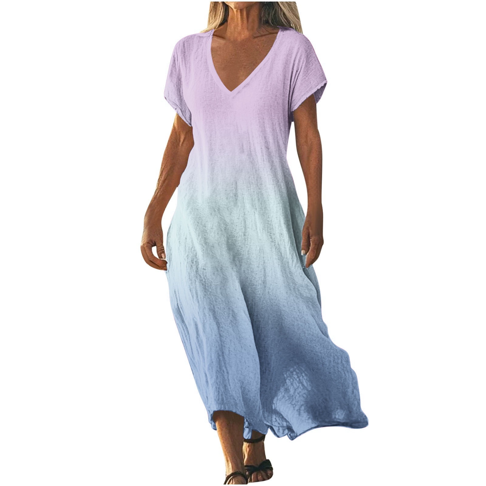 Casual Beach Long Dresses for Women Flowy V Neck Short Sleeve Maxi ...