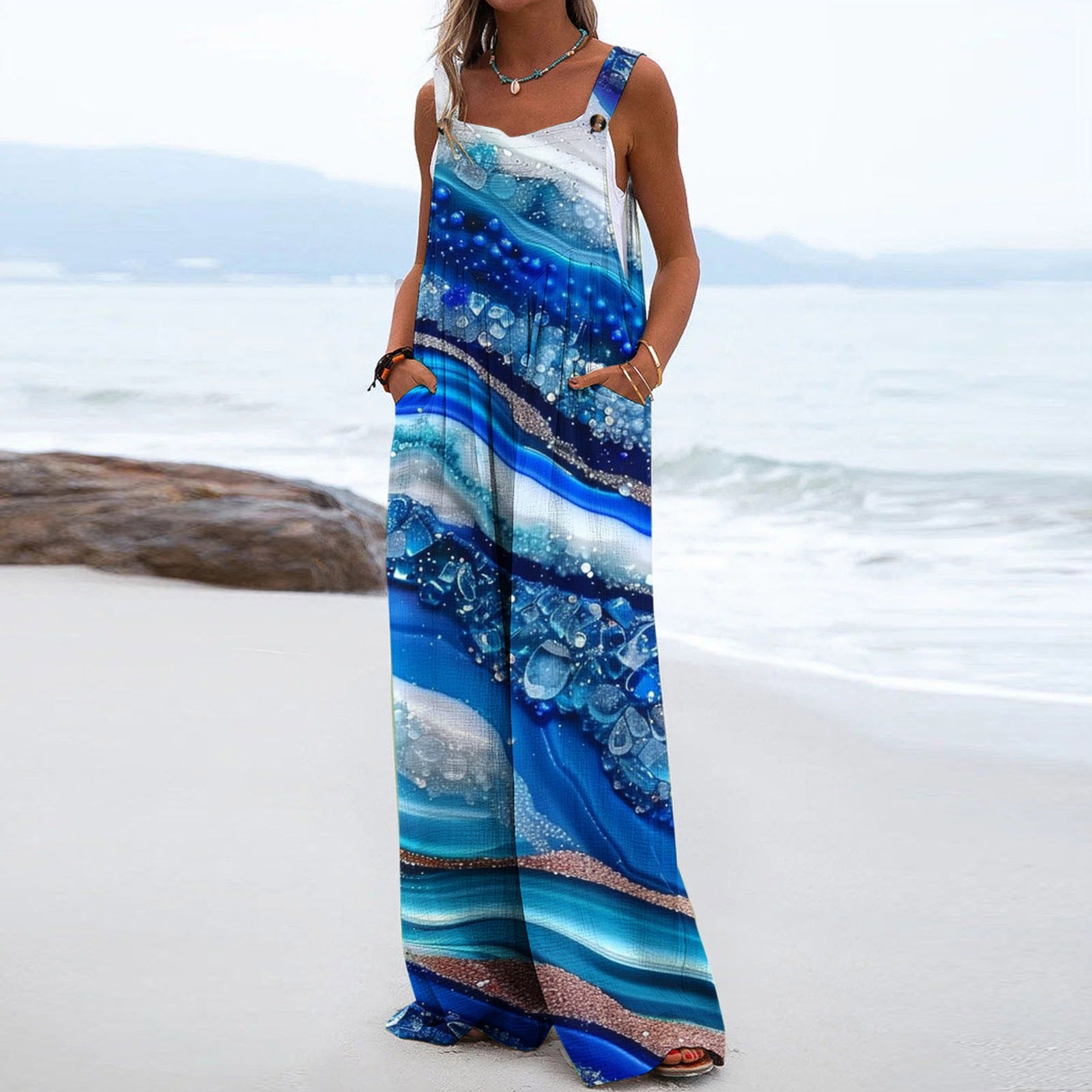 Casual Bib Jumpsuit for Women Loose Adjustable Strap Graphic Print ...