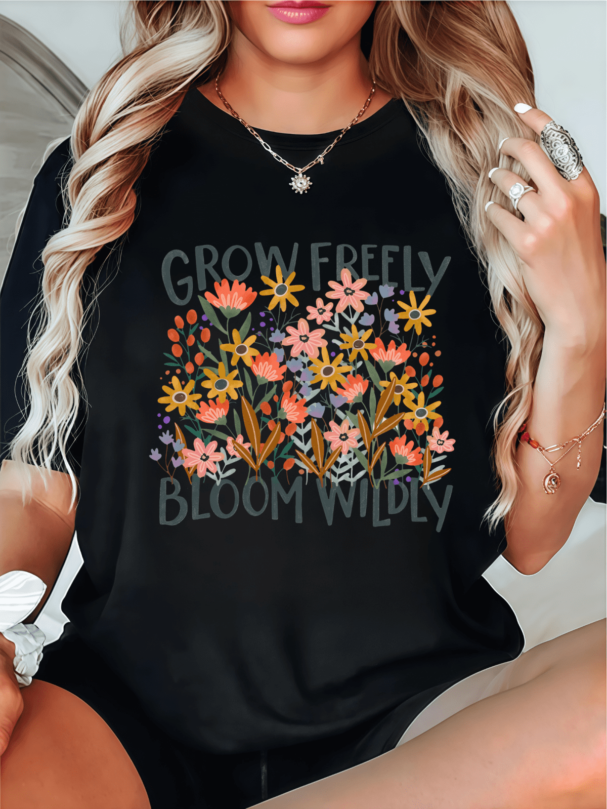 Casual Black T-Shirt Women’s Grow Freely Bloom Wildly Positive Quote ...