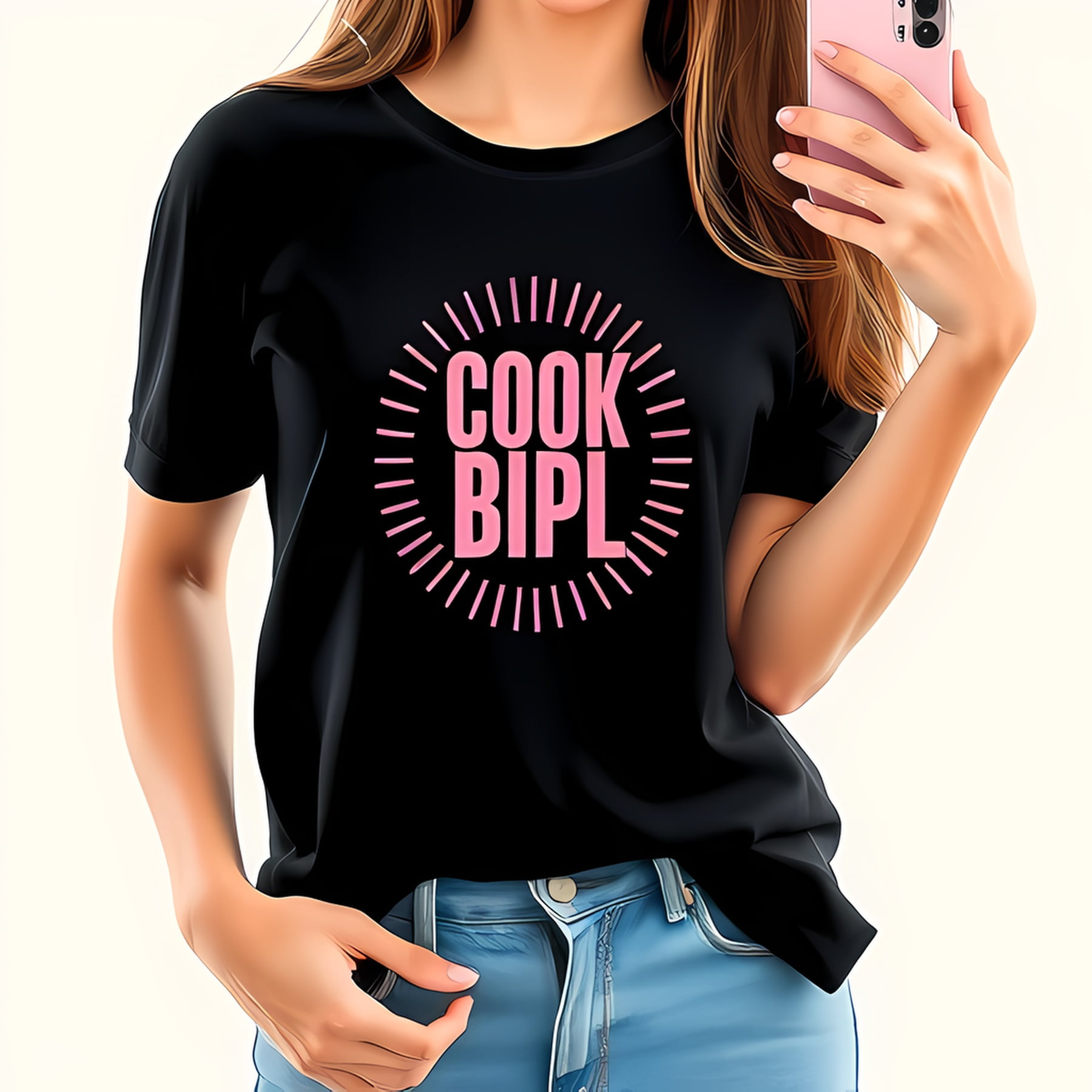Casual Black T-Shirt with Design and 'COOK BIP L' in Light Pink ...