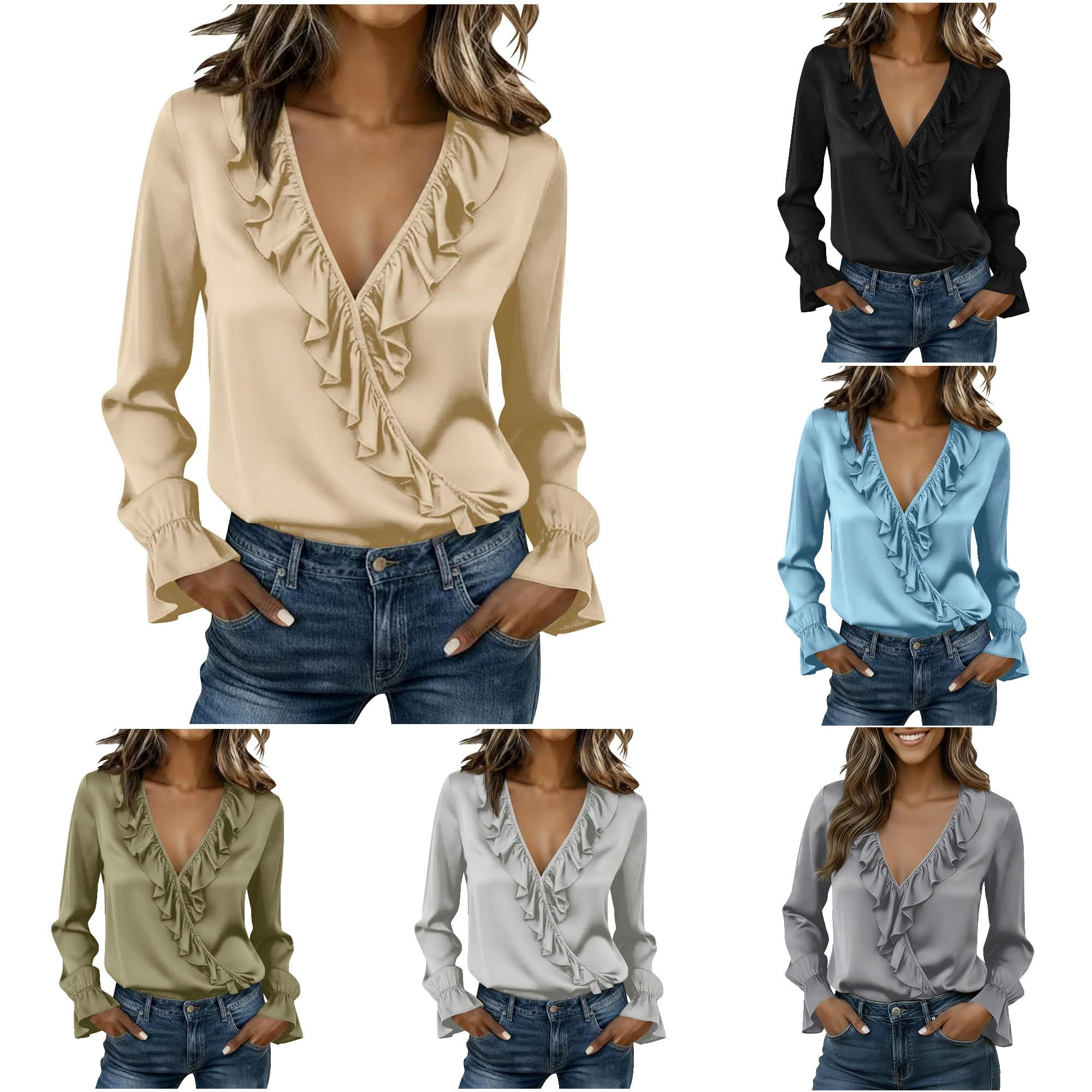 Casual Blouse With Lace Trim And Ruffle Collar Elegant Flowy Top For ...