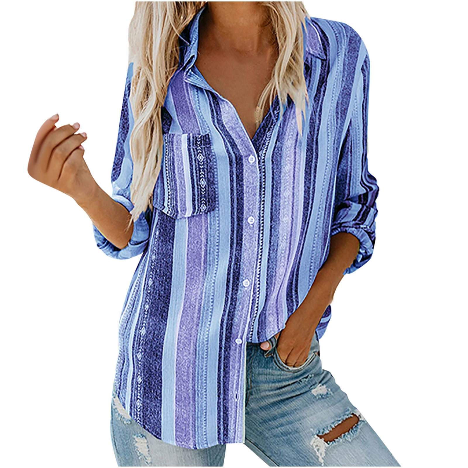 Casual Blouses for Women Fashion Lapel Long Sleeve Roll Multicolour ...