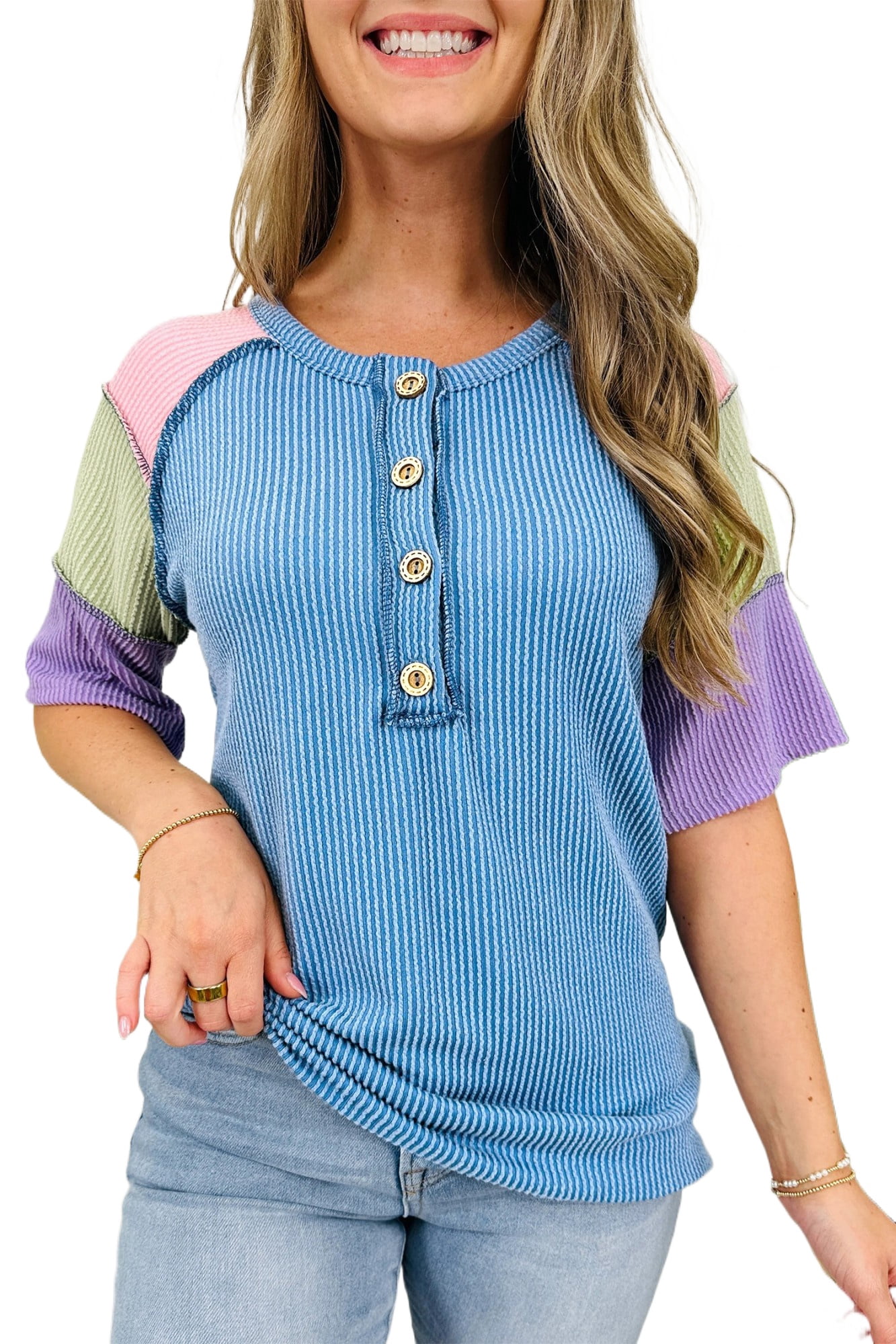Casual Blue Color Block Henley T-Shirt for Women – Twisted Ribbed ...