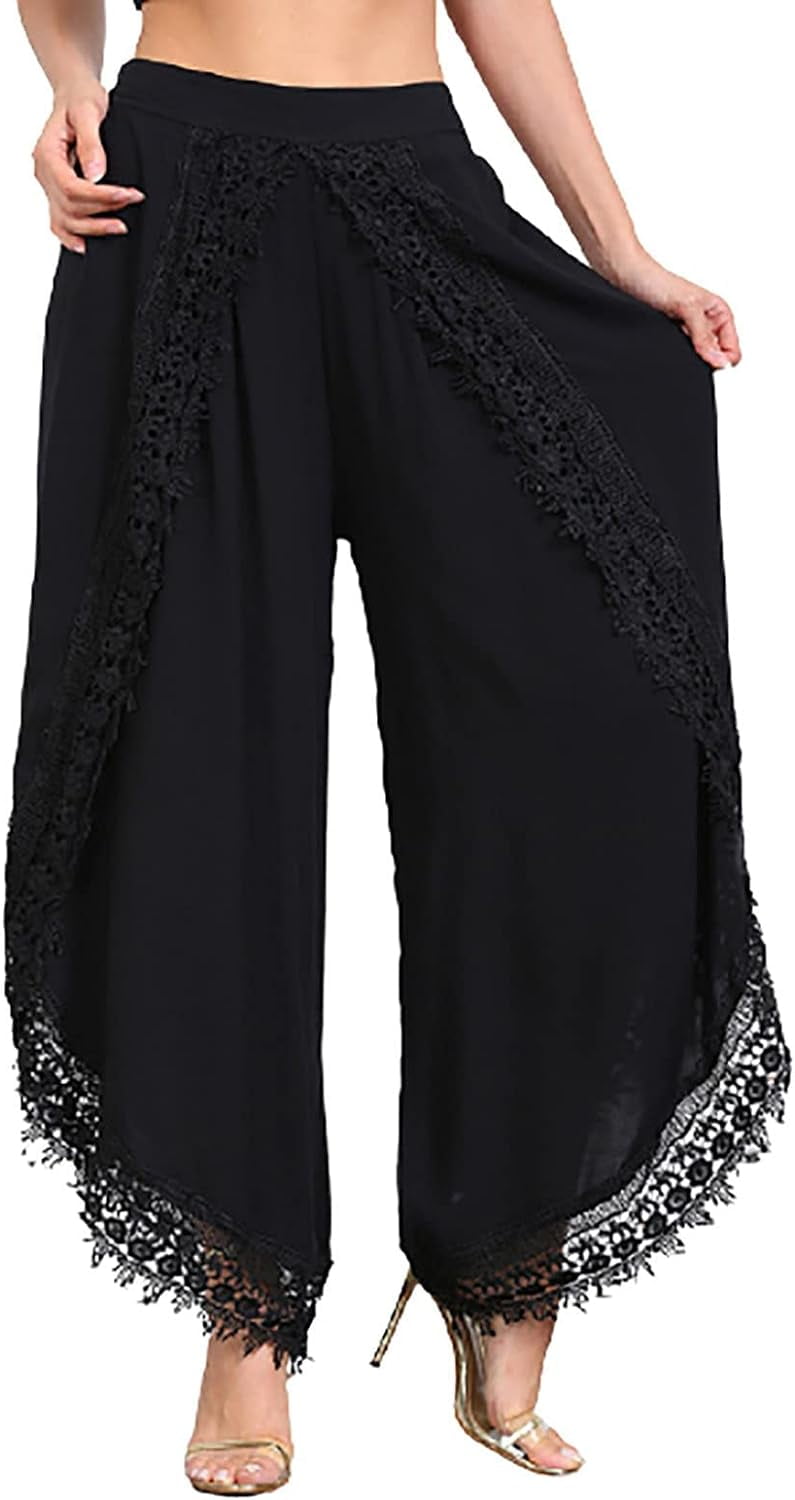 Casual Boho Flare Capri Pants for Women Front Split Lace Crochet Flowy ...