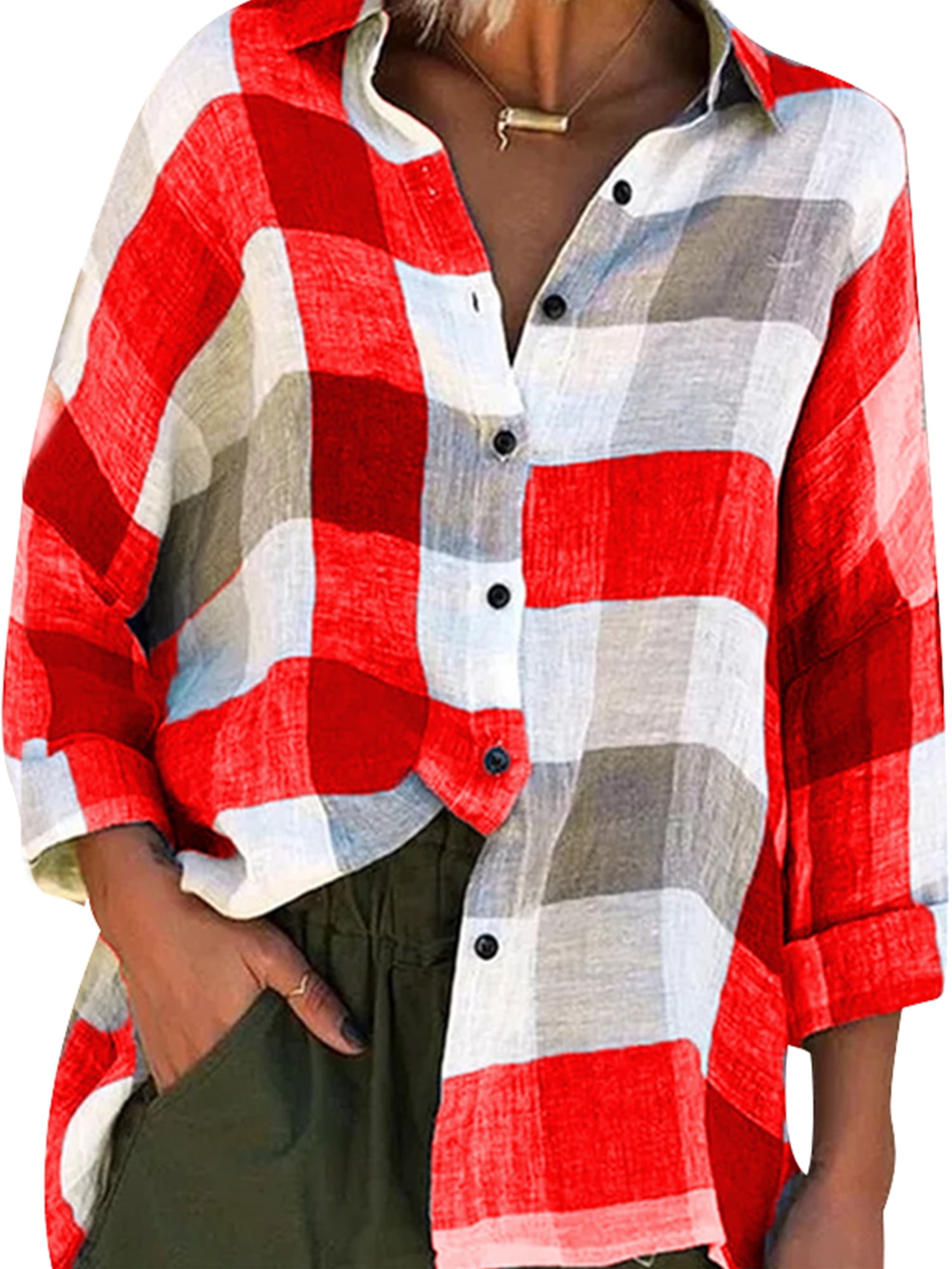 Casual Boyfriend Baggy Long Sleeve Bufflalo Plaid T-Shirt Blouse Tops ...