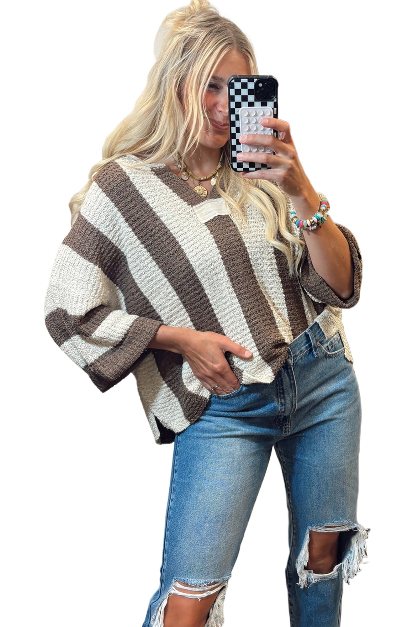 Casual Brown Stripe Colorblock Sweater for Women – V Neck Design with ...