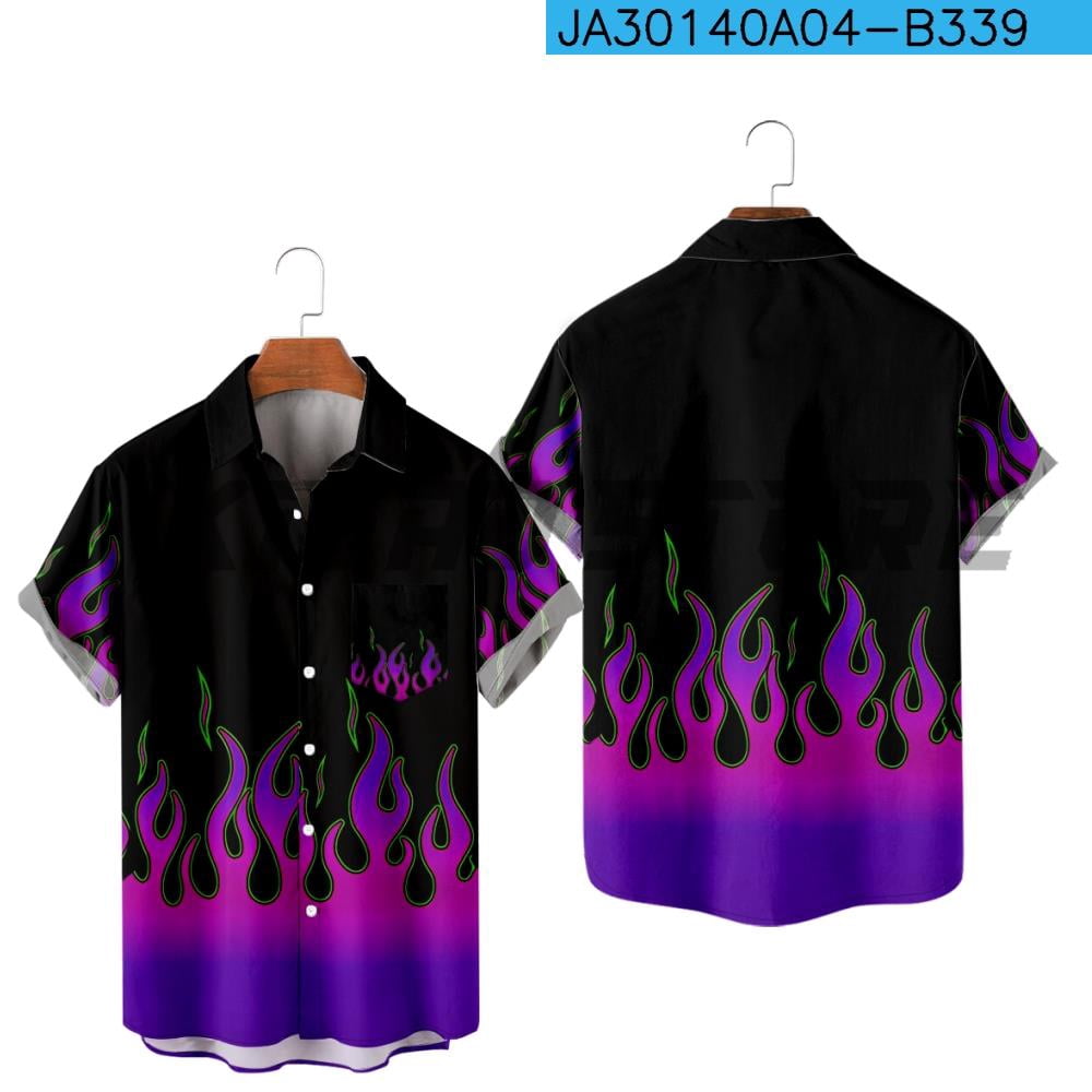 Casual Button Down Shirts For Men Flame Style Harajuku Color Block ...