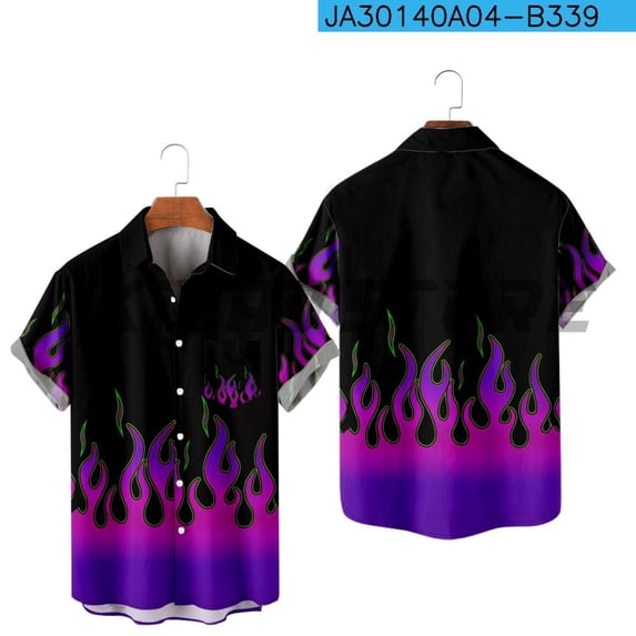 Casual Button Down Shirts For Men Flame Style Harajuku Color Block ...
