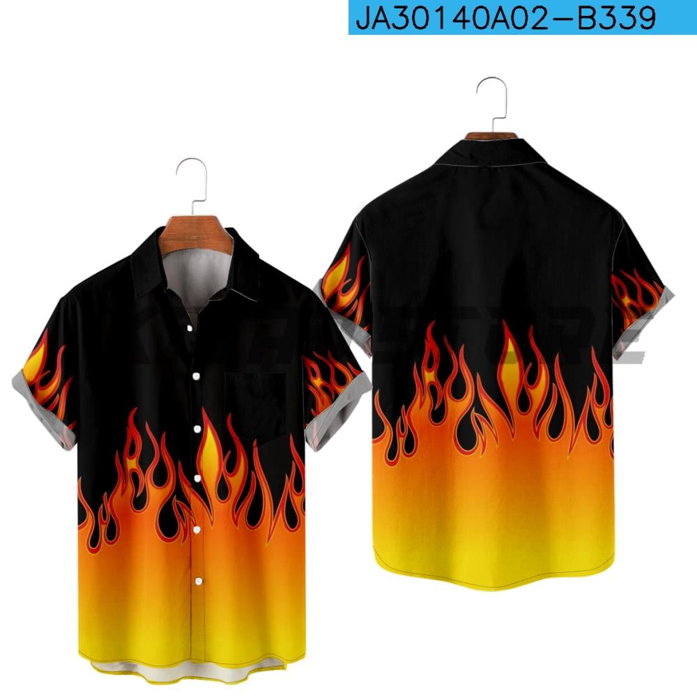 Casual Button Down Shirts For Men Flame Style Harajuku Color Block ...