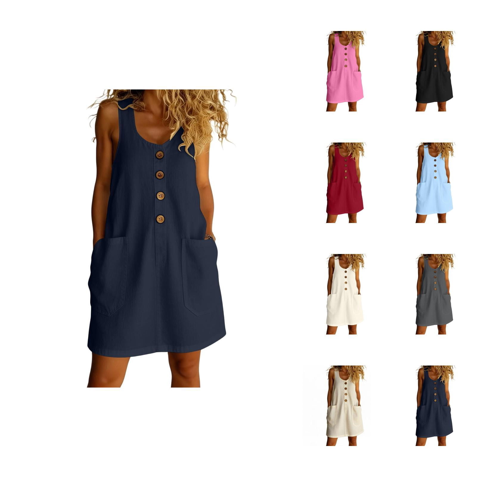 Casual Button Front Sleeveless Dress Solid Color Blend Summer Midi ...