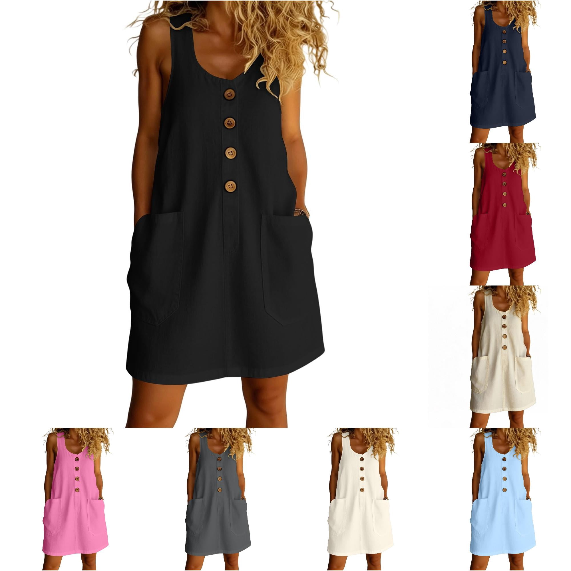 Casual Button Front Sleeveless Solid Color Blend Dress Summer Midi ...