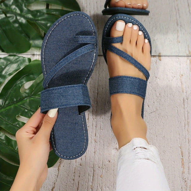 Casual Canvas Open Toe Slip On Slide Sandals, Women's Toe Loop Slide ...
