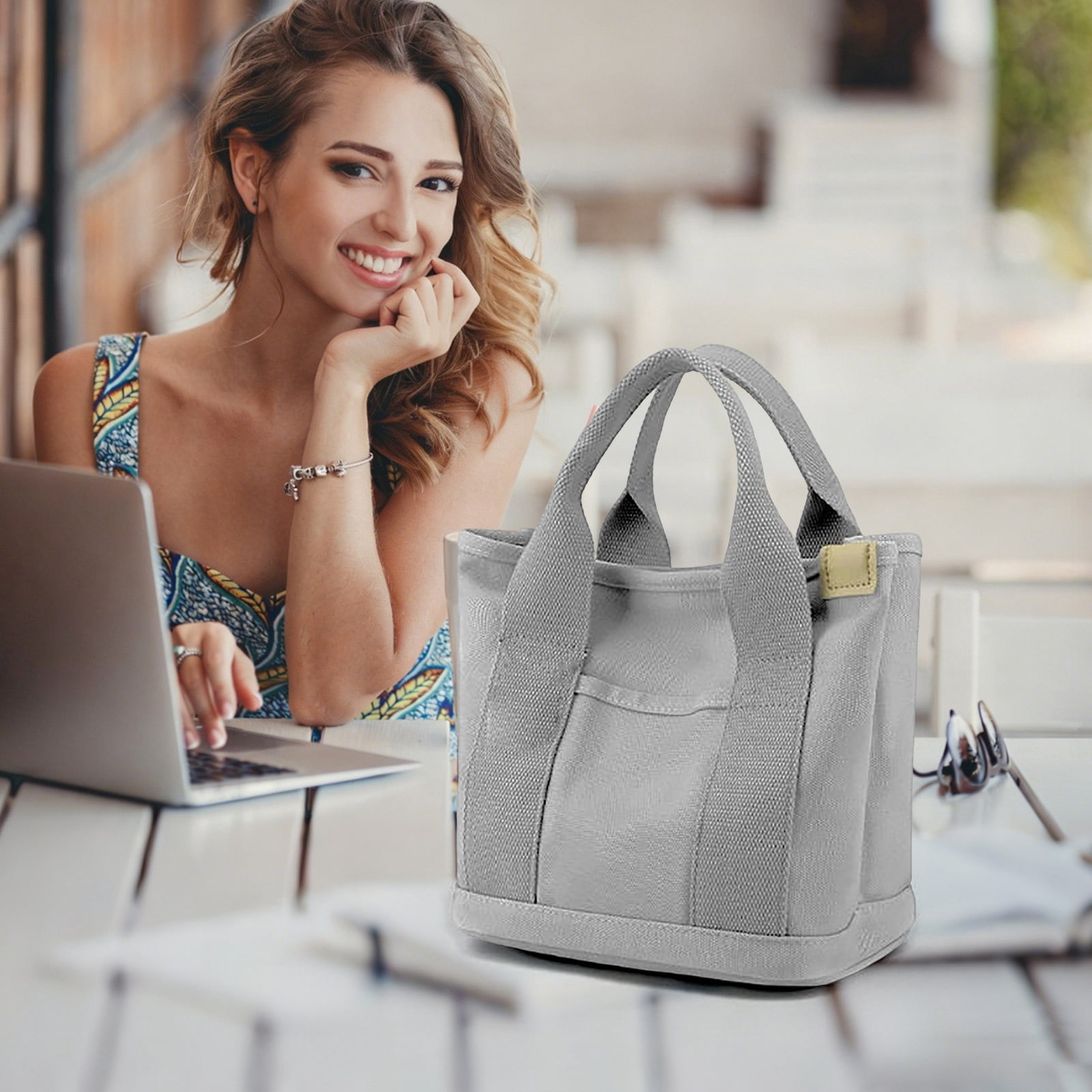 Casual Canvas Tote Bag with Crossbody Strap, Multi-Pocket Lightweight ...