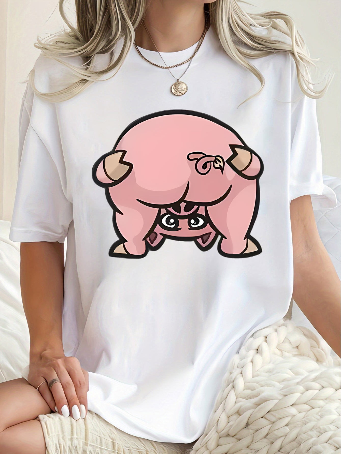 [Casual Cartoon Pig Tee] Funny Cartoon Pig Print 1pc Women's Casual T ...