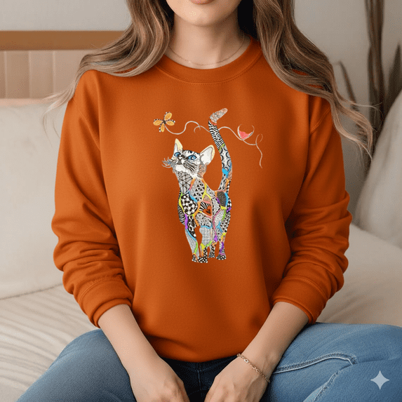 Casual Cat Print Crew Neck Cute Kitten Design Style Art Unisex ...