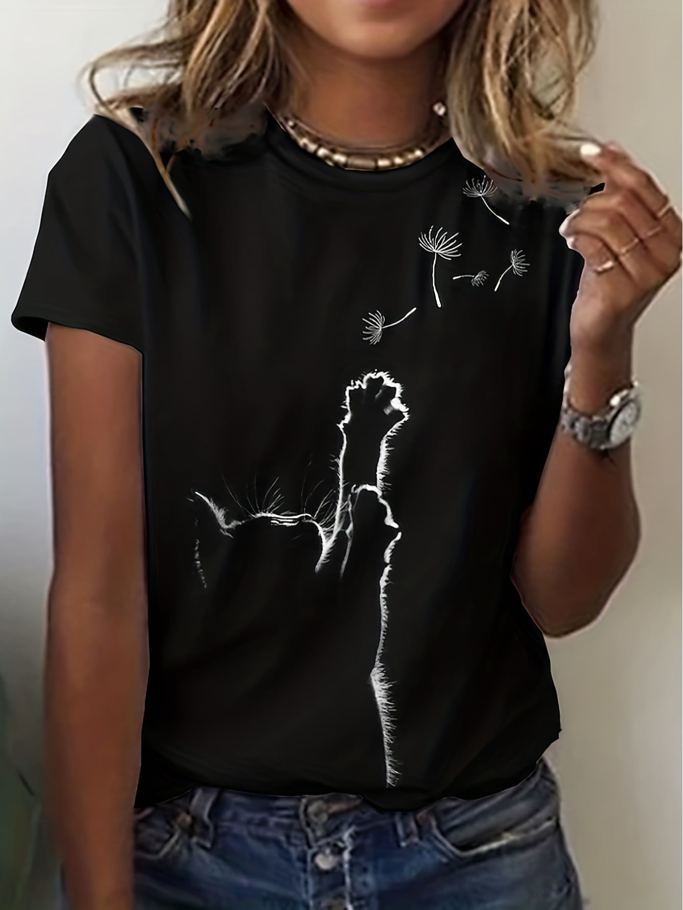 [Casual Cat Print Crew Tee] Cat Print Crew Neck T-Shirt, Casual Short ...