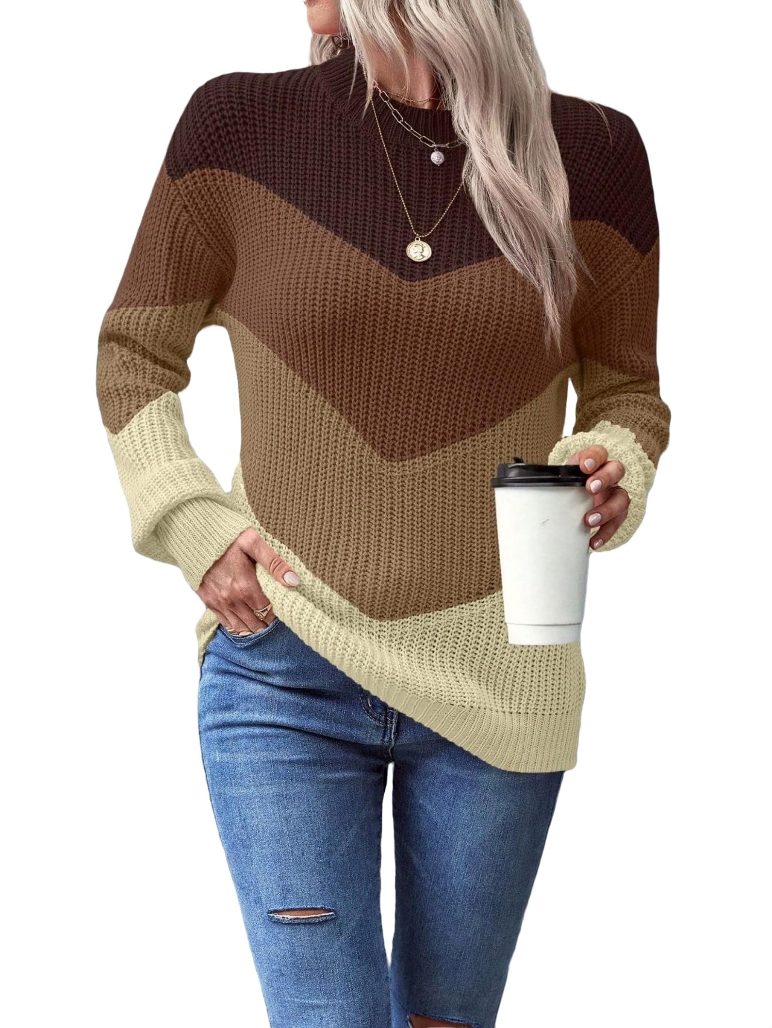 Casual Chevron Pattern Round Neck Pullovers Long Sleeve Multicolor ...