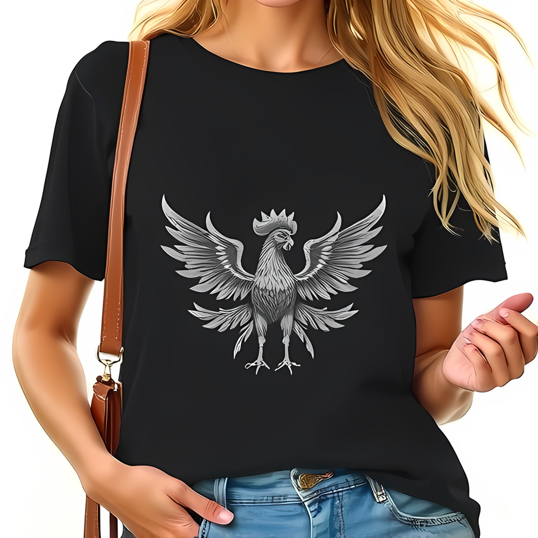 Casual Chic Black T-Shirt with Monochrome Heraldic Rooster Graphic for ...