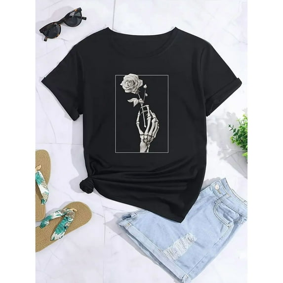 Casual Chic Black cotton Blend T-Shirt - Women's Short Sleeve Crew Neck ...