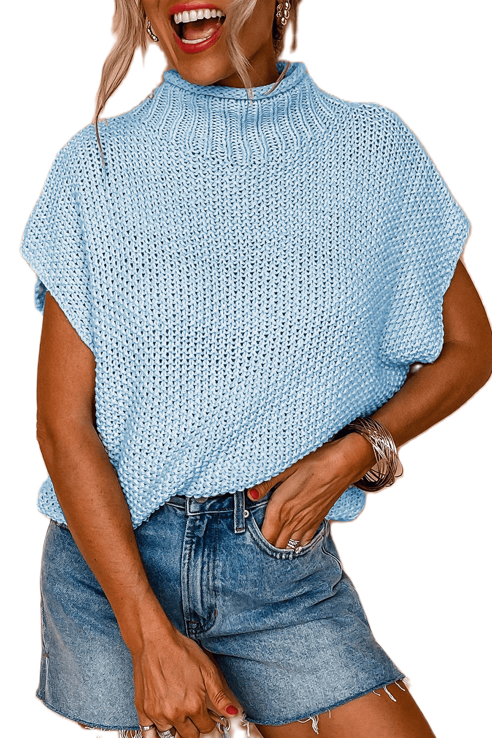 Casual Chic Short Sleeve Sweater: Bat Wing Sleeves and High Neckline ...