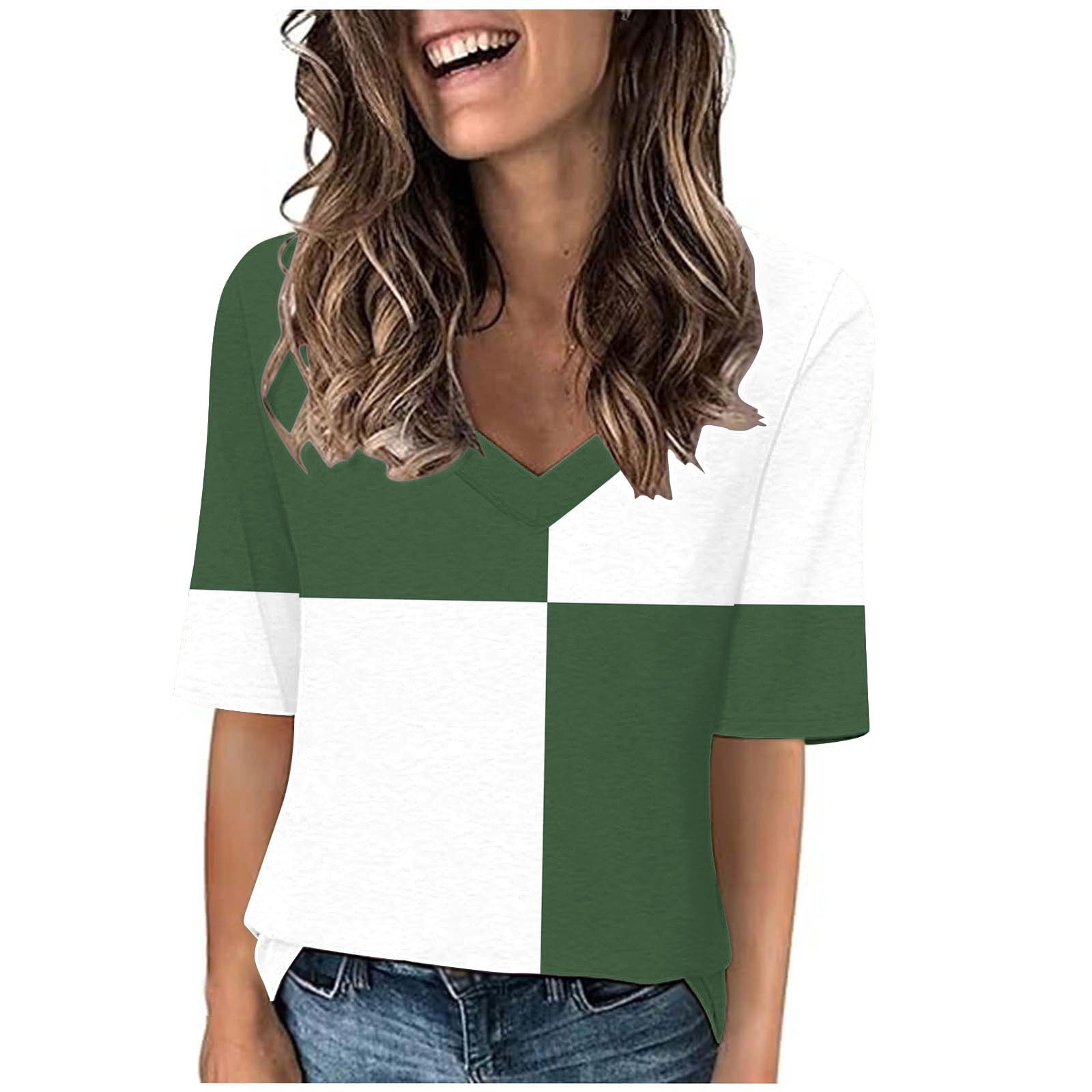 Casual Color Block Tunic Top for Women Short Sleeve Summer Tee V Neck ...