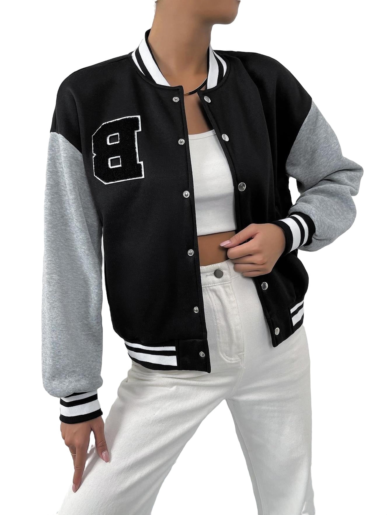 Casual Colorblock Baseball Collar Varsity Long Sleeve Black Women's ...