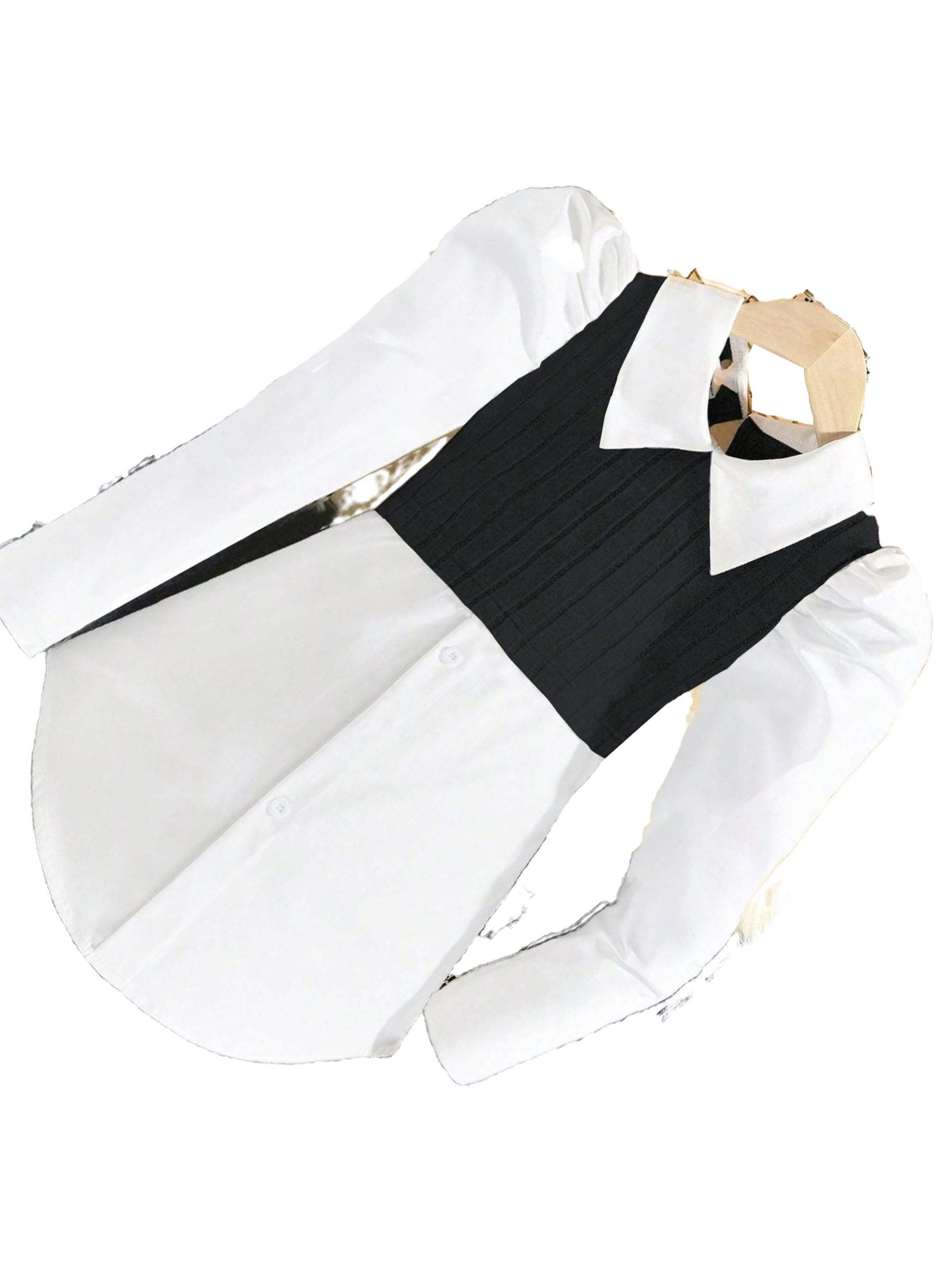Casual Colorblock Collar Top Long Sleeve Black Tween Girls Blouses ...