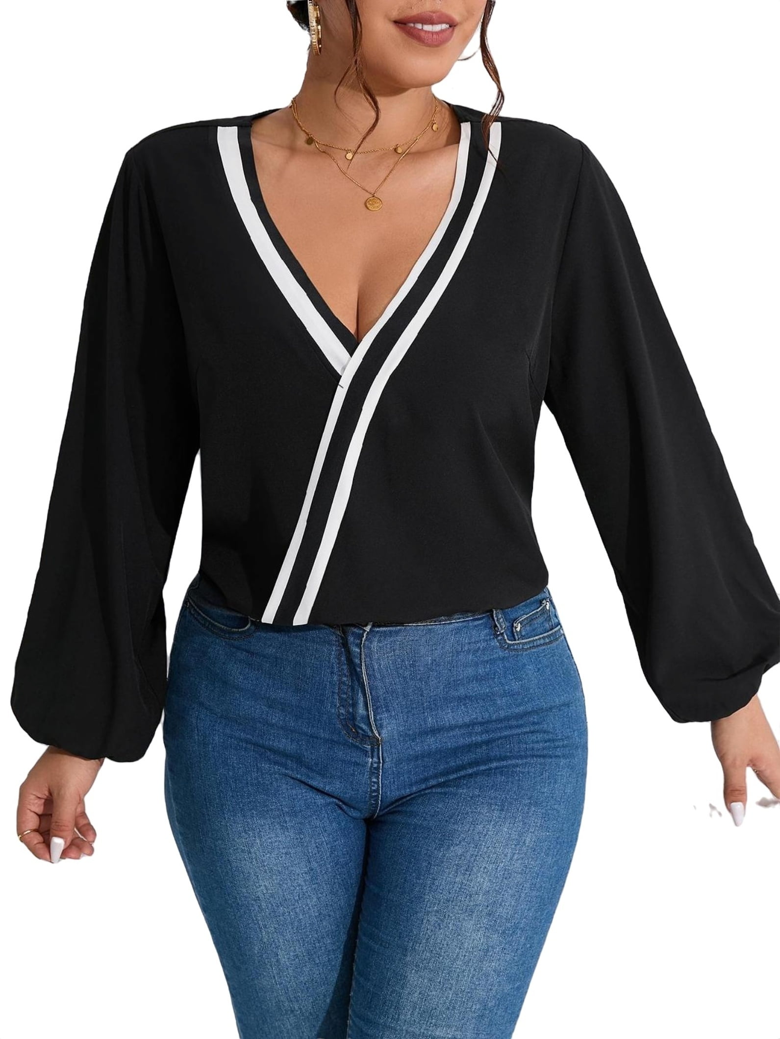 Casual Colorblock Deep V Neck Top Long Sleeve Black Plus Size Blouses ...