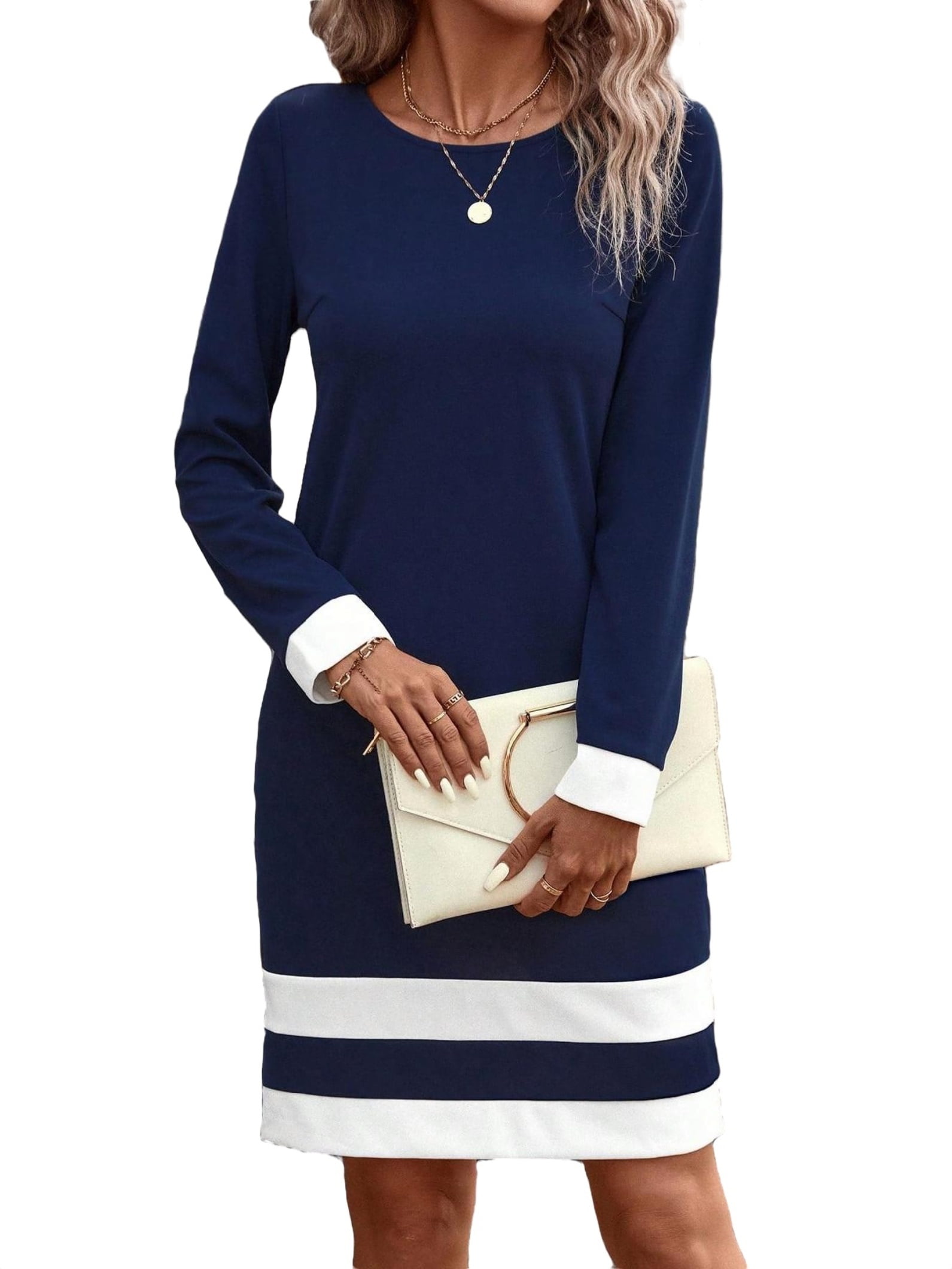 Casual Colorblock Fitted Dress Round Neck Blue and White Women Dresses ...